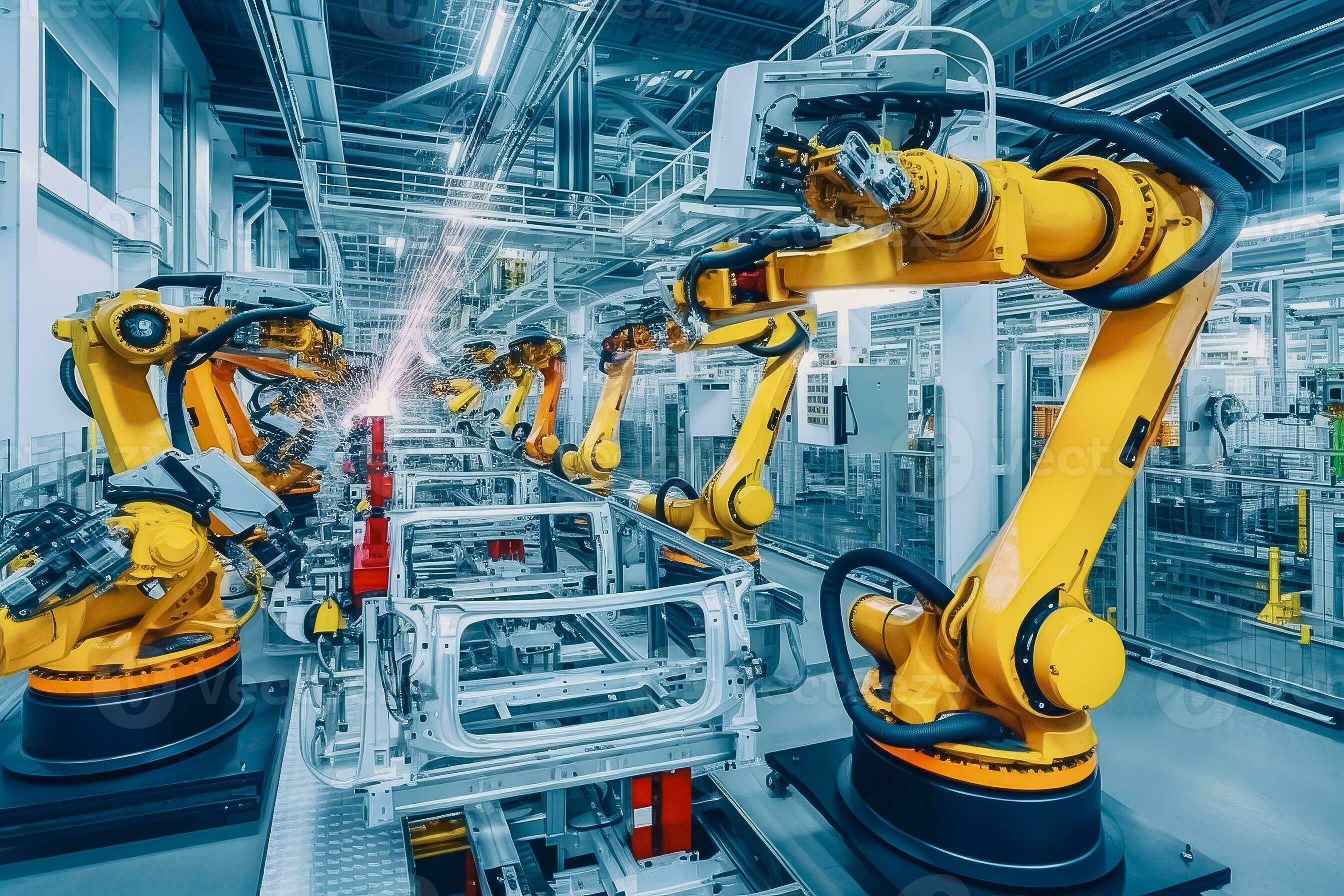 Industrial welding robotic arm in production line manufacturing plant ... Industrial welding robotic arm in production line manufacturing plant ...