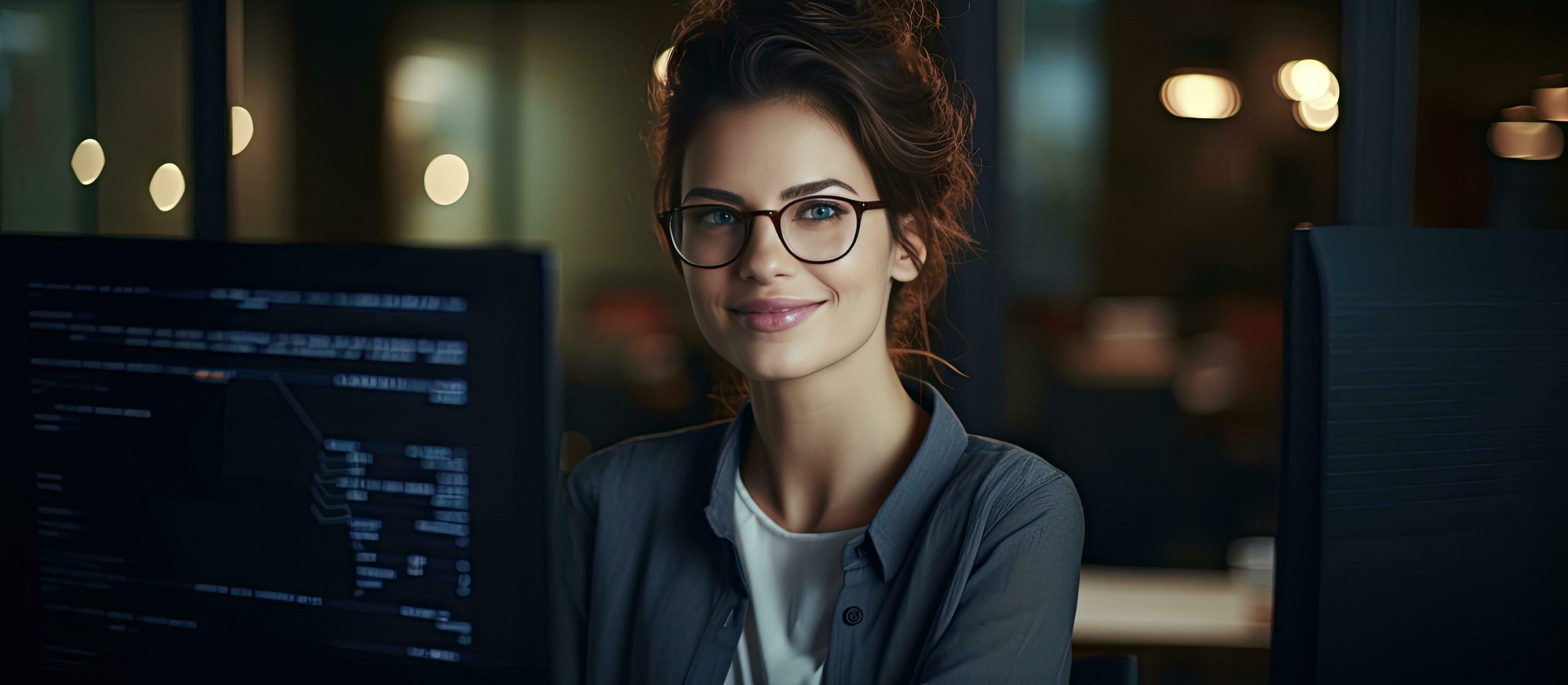 A woman IT developer poses with a smile surrounded by code in an office 27183858 Stock Photo at ...