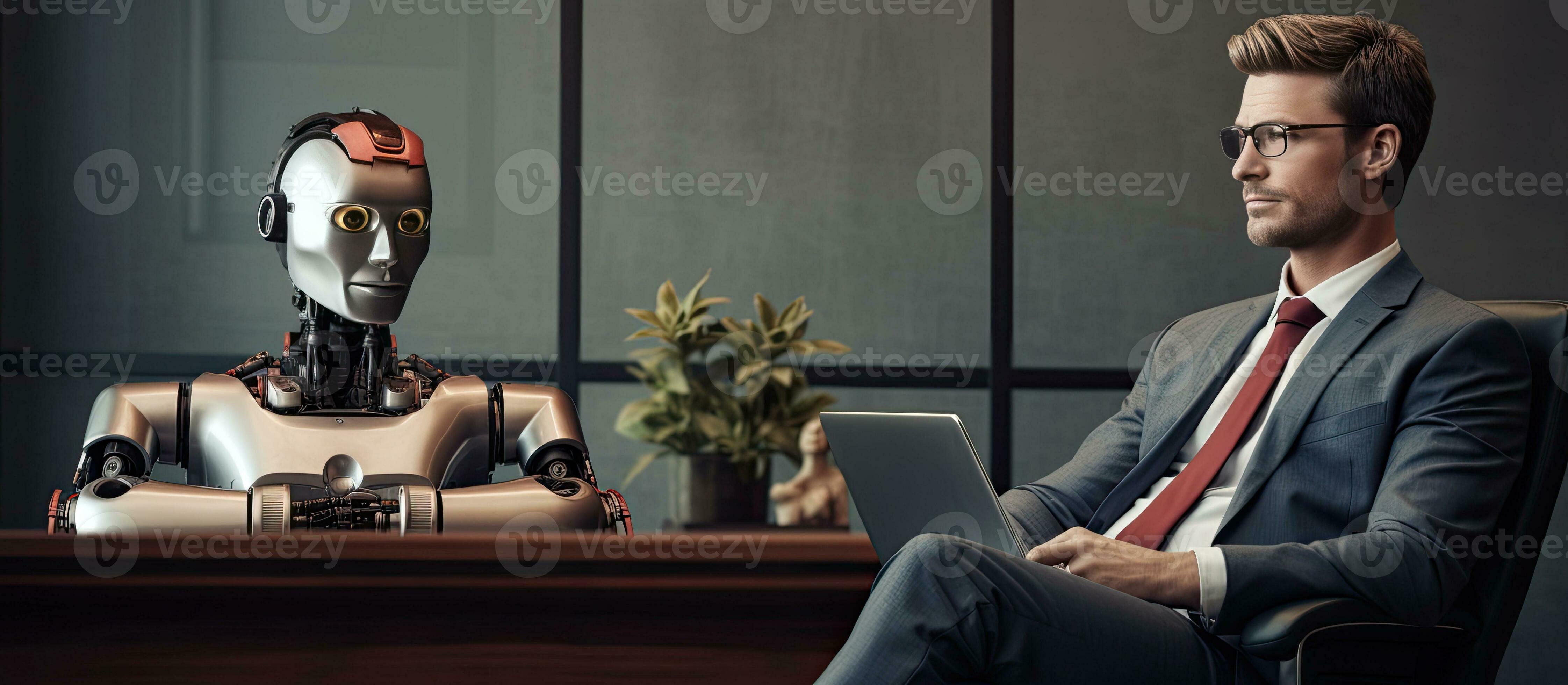 Man and AI robot awaiting job interview AI vs human rivalry 27186057 Stock Photo at Vecteezy