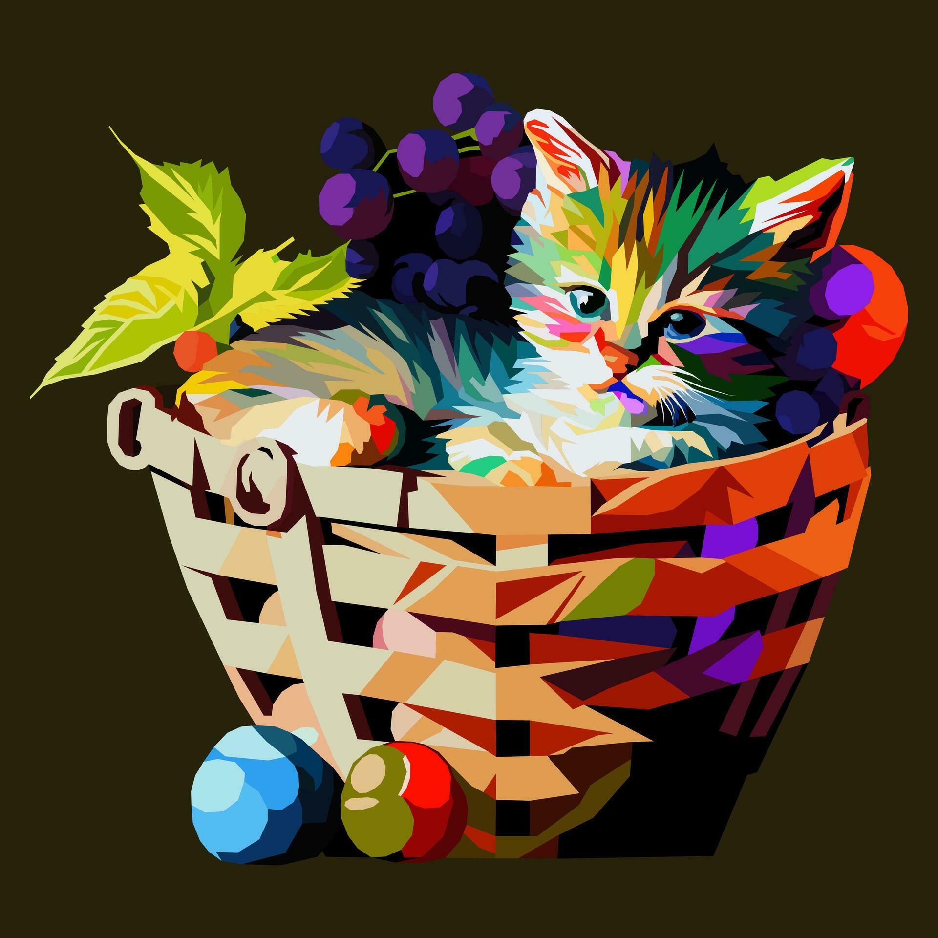 Kitten in a fruit basket, drawn using WPAP art style, pop art, vector illustration. 27192094 ...