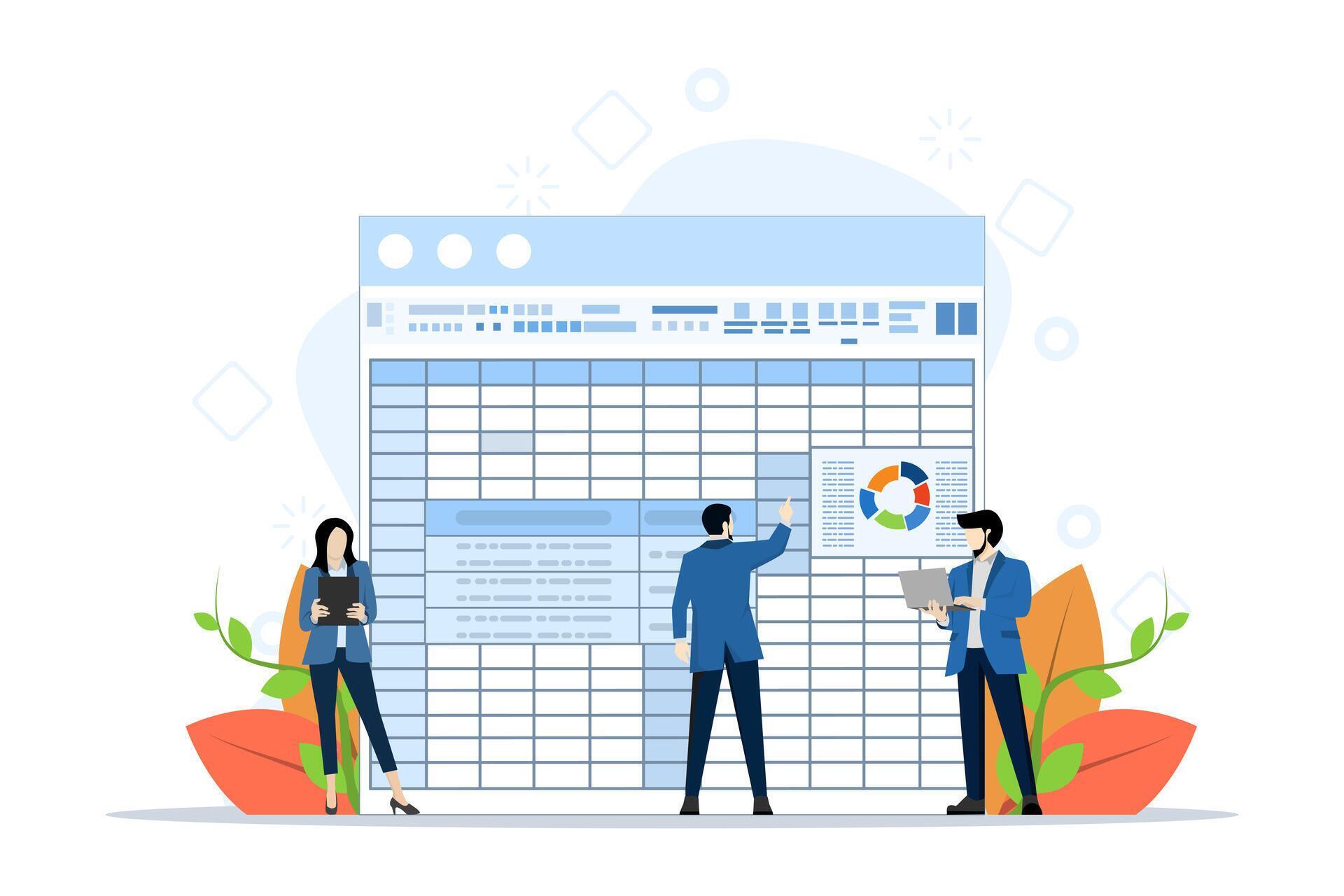 spreadsheet concept, business team analyze big data or information. Office employees make ...