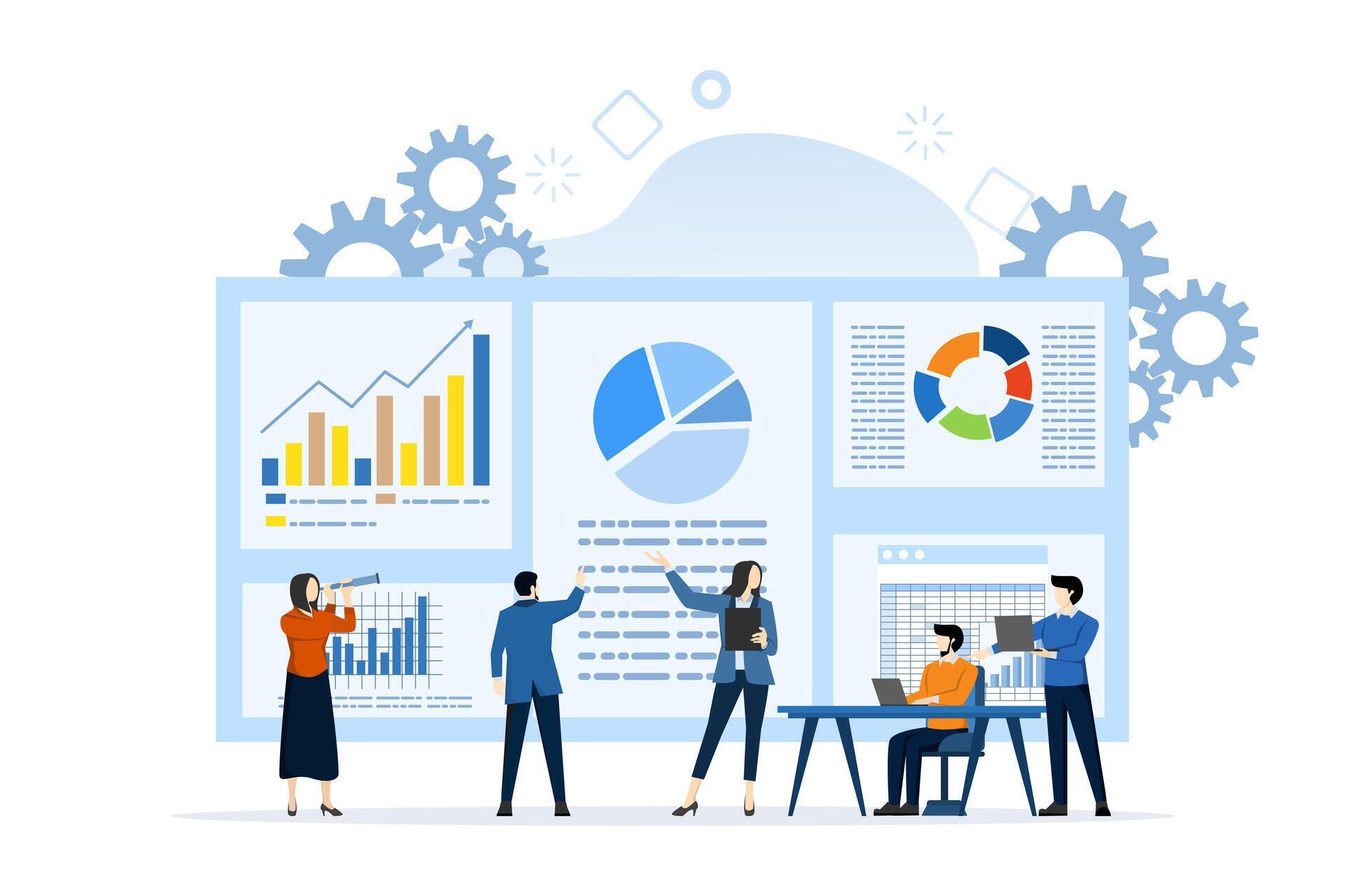Statistical Chart Analysis Concept And Big Data Business Vector Illustration Office Workers