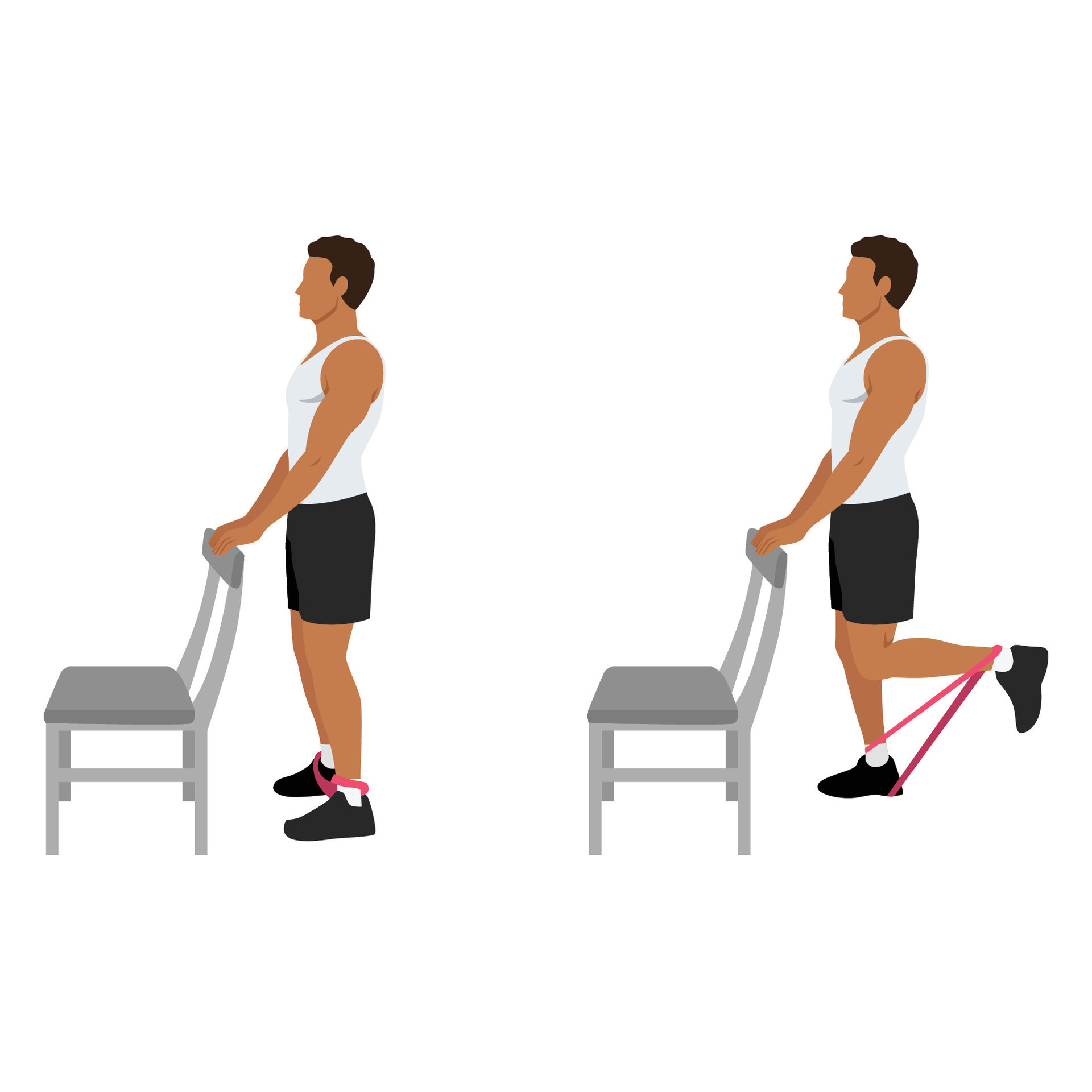 Man Doing Standing Supported Resistance Band Hamstring Curls Exercise Flat Vector Illustration