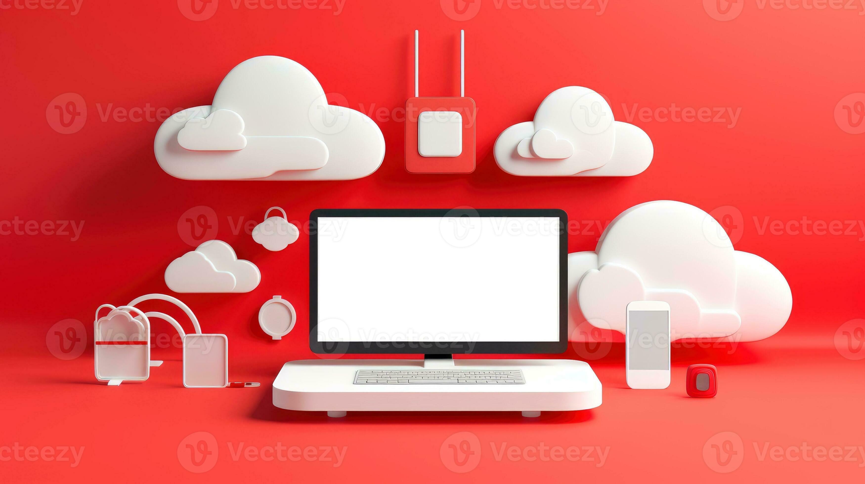 3D red white cloud icon minimal style, cloud computing online service ...
