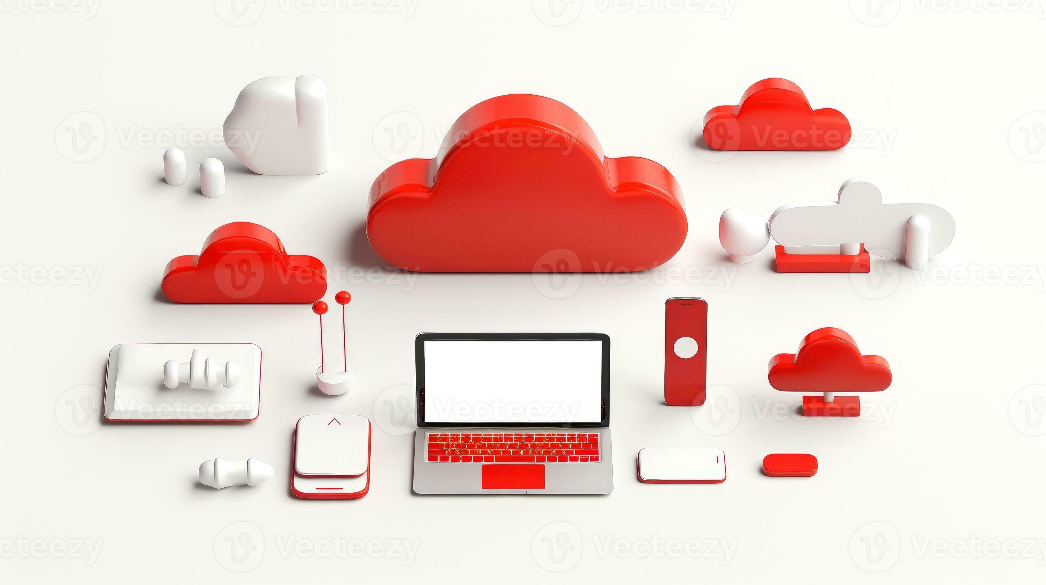 3D red white cloud icon minimal style, cloud computing online service ...