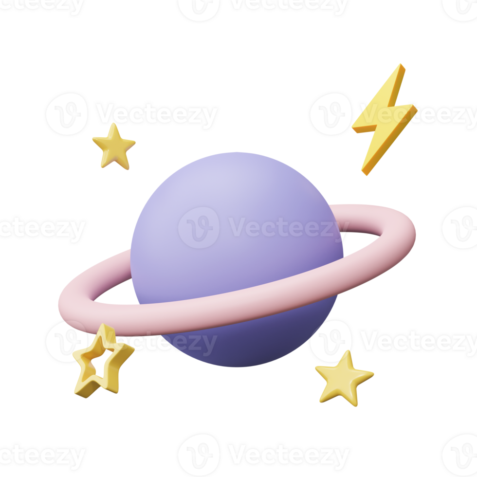 3D Icon Planet with ring around and stars. Saturn, Jupiter, Uranus or ...