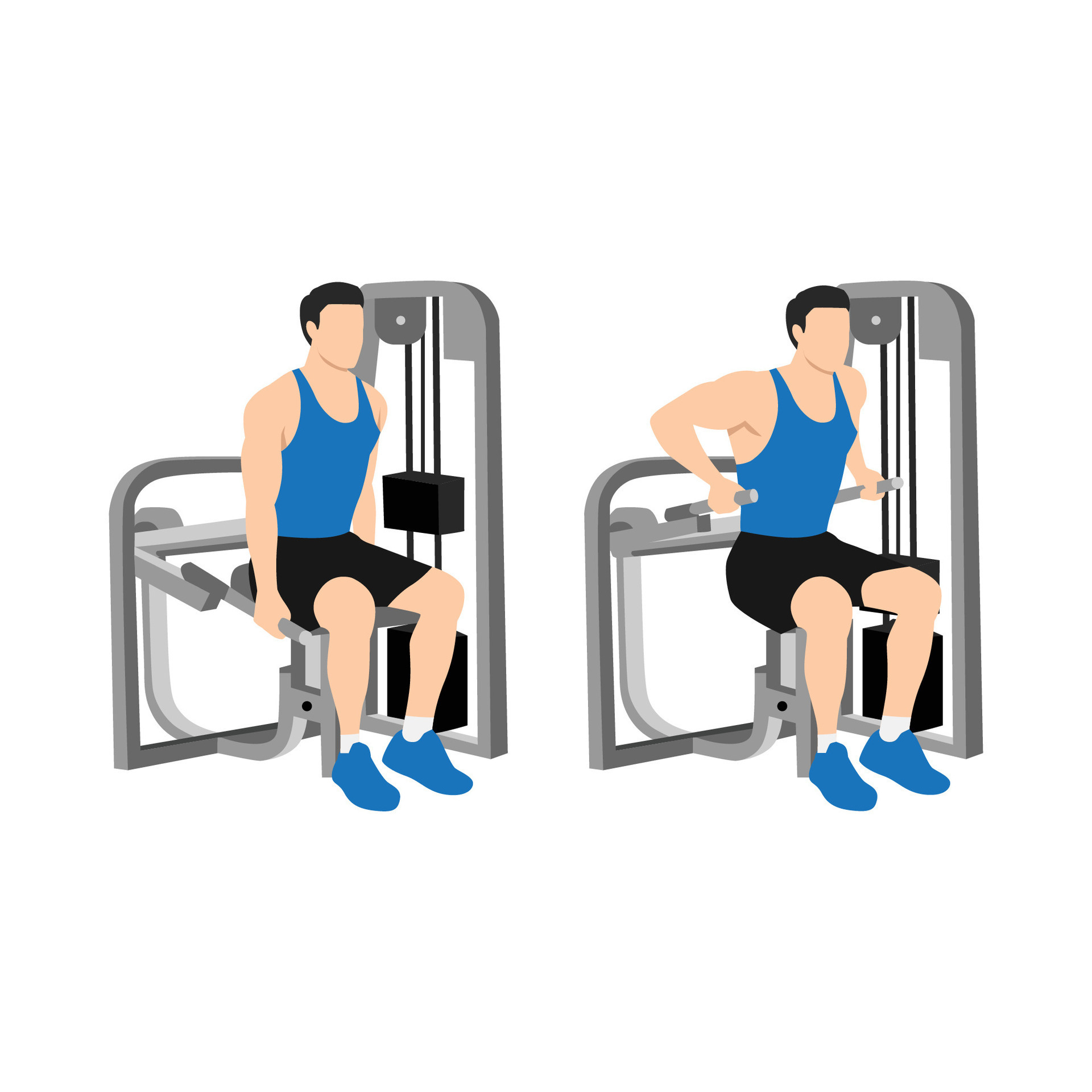 Man Doing Assisted Machine Seated Tricep Dips Exercise Flat Vector Illustration Isolated On