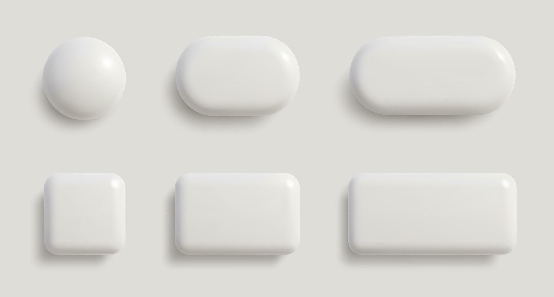 White monochrome 3D button set in different shapes. Blank glossy round, square and rectangle ...