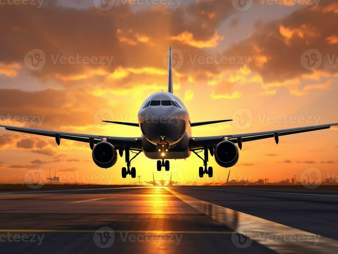 A large jetliner taking off or dawn from an airport runway at sunset generative ai 27212964 ...