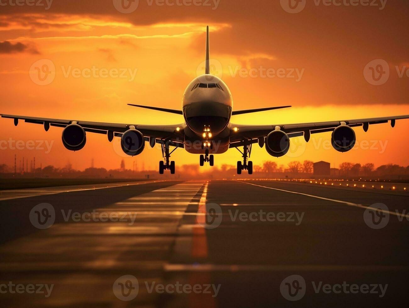 A large jetliner taking off or dawn from an airport runway at sunset generative ai 27212974 ...