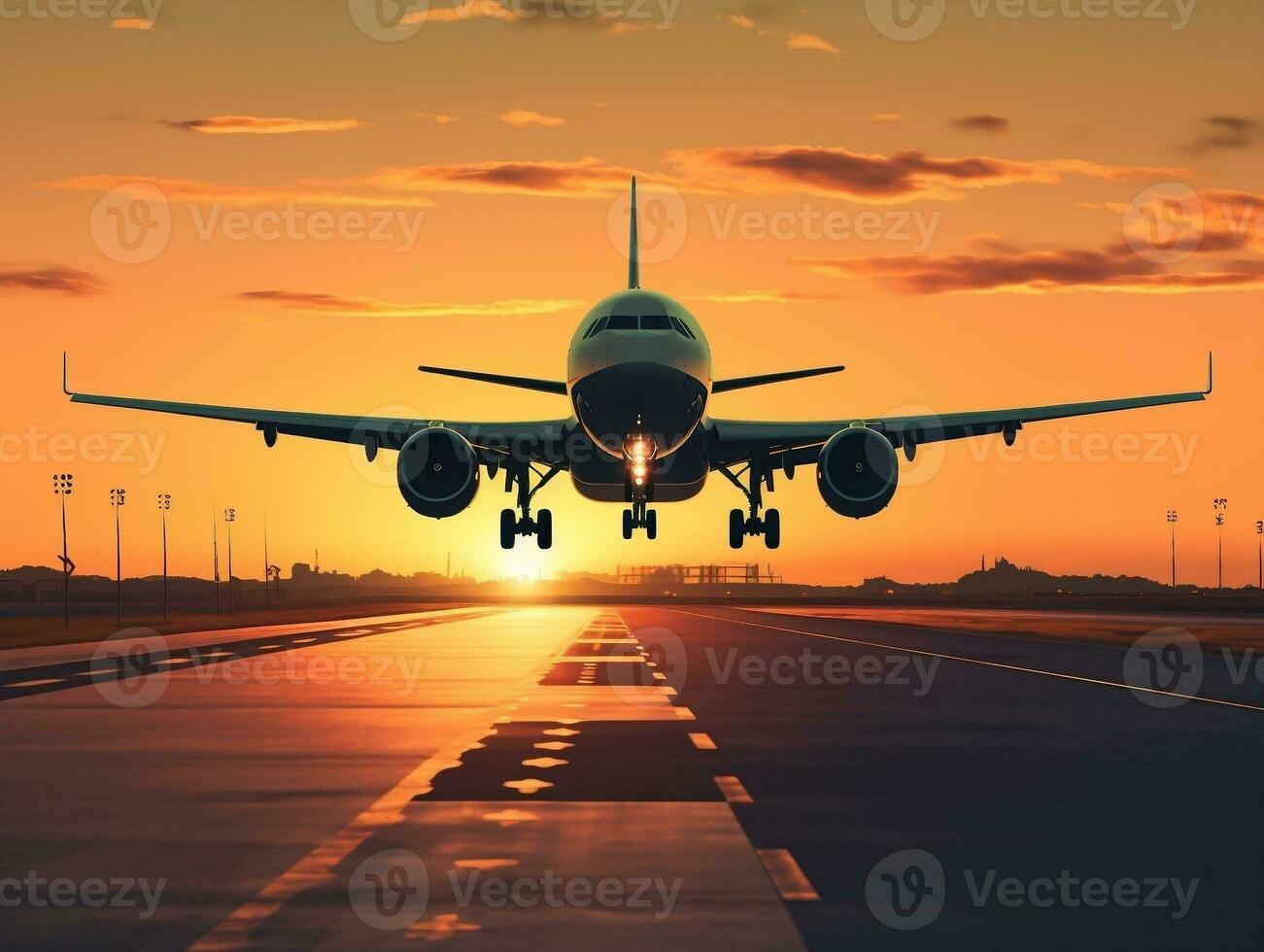 A large jetliner taking off or dawn from an airport runway at sunset generative ai 27212979 ...