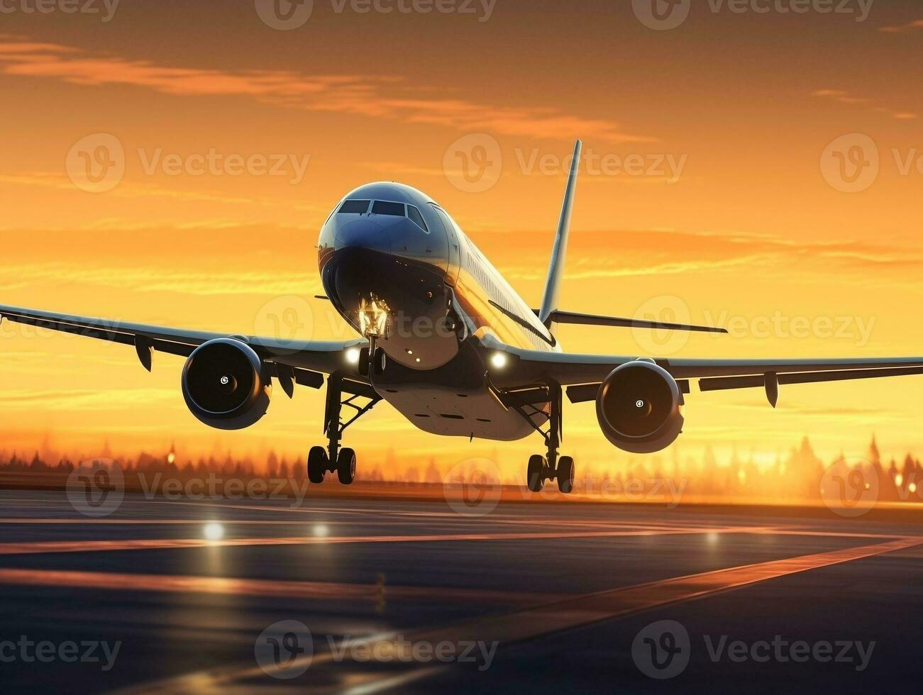 A large jetliner taking off or dawn from an airport runway at sunset generative ai 27212980 ...