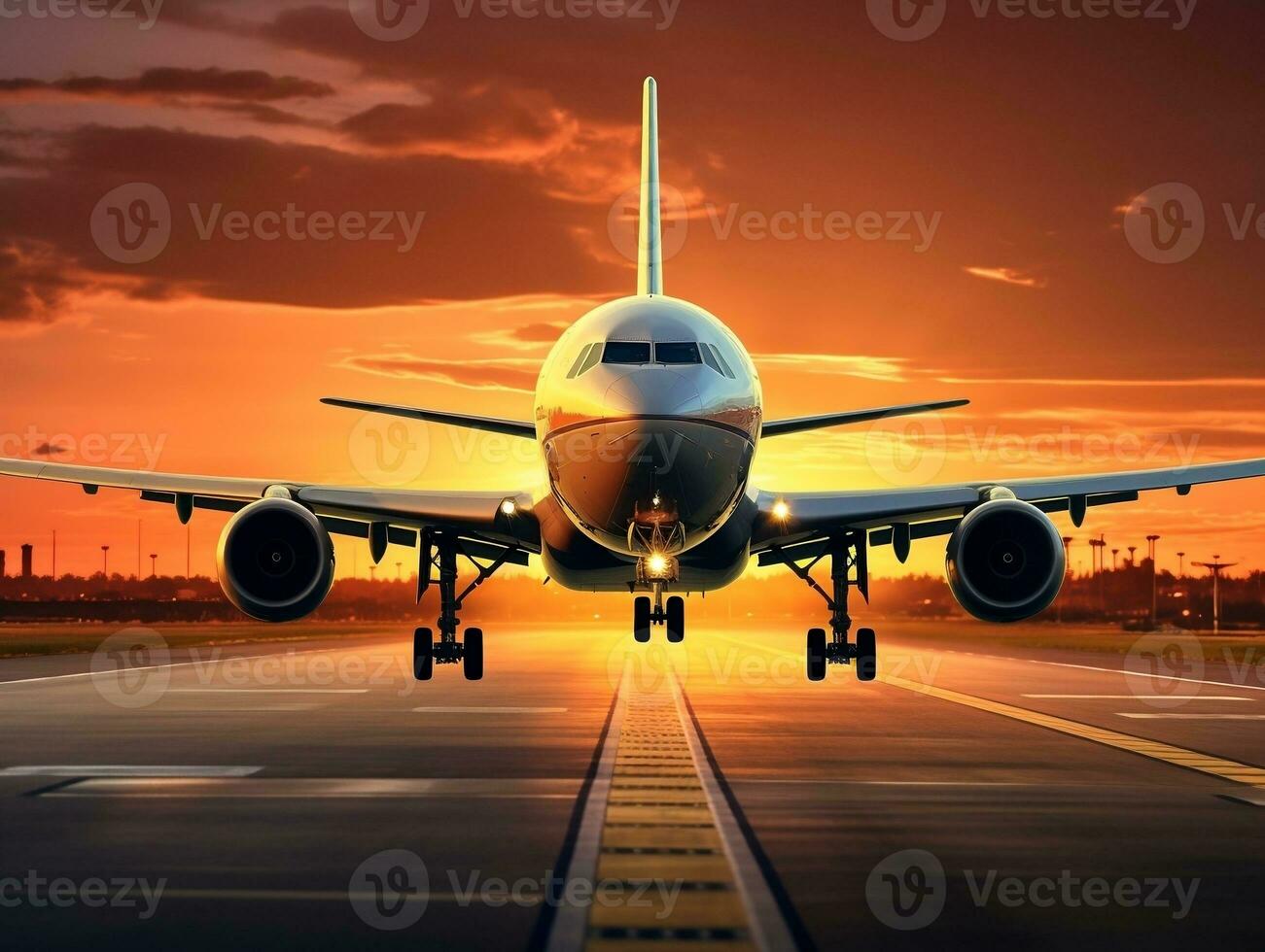 A large jetliner taking off or dawn from an airport runway at sunset generative ai 27213005 ...