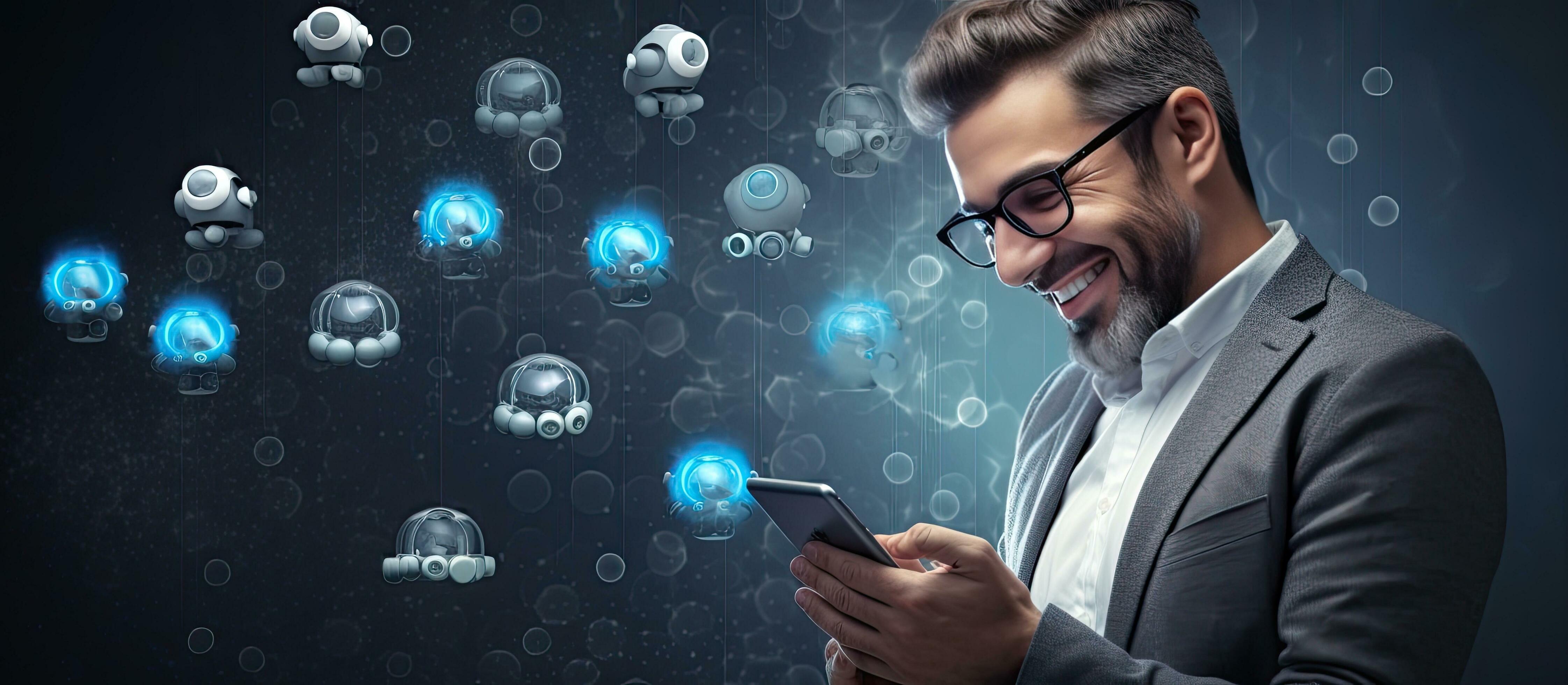 Smiling person using phone robot speech bubbles AI aiding in ...