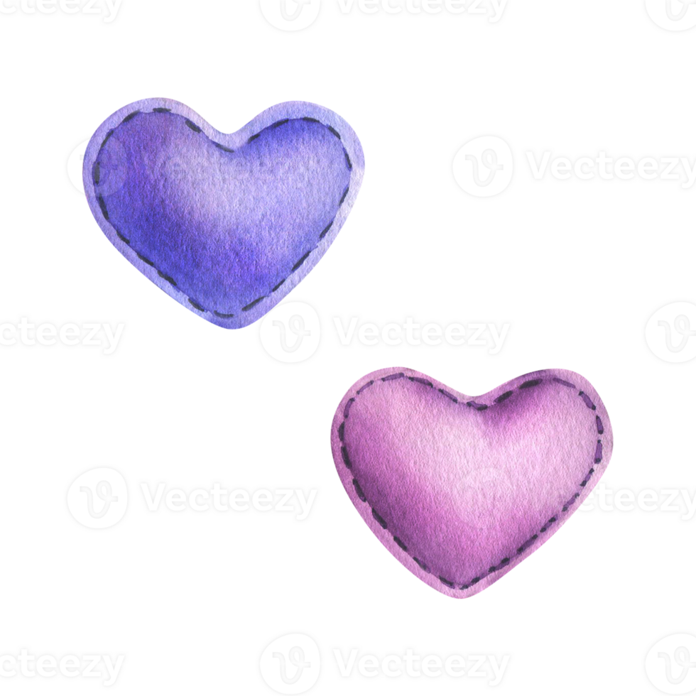 Hearts Sewn From Fabric In Pink And Blue Watercolor Illustration Hand