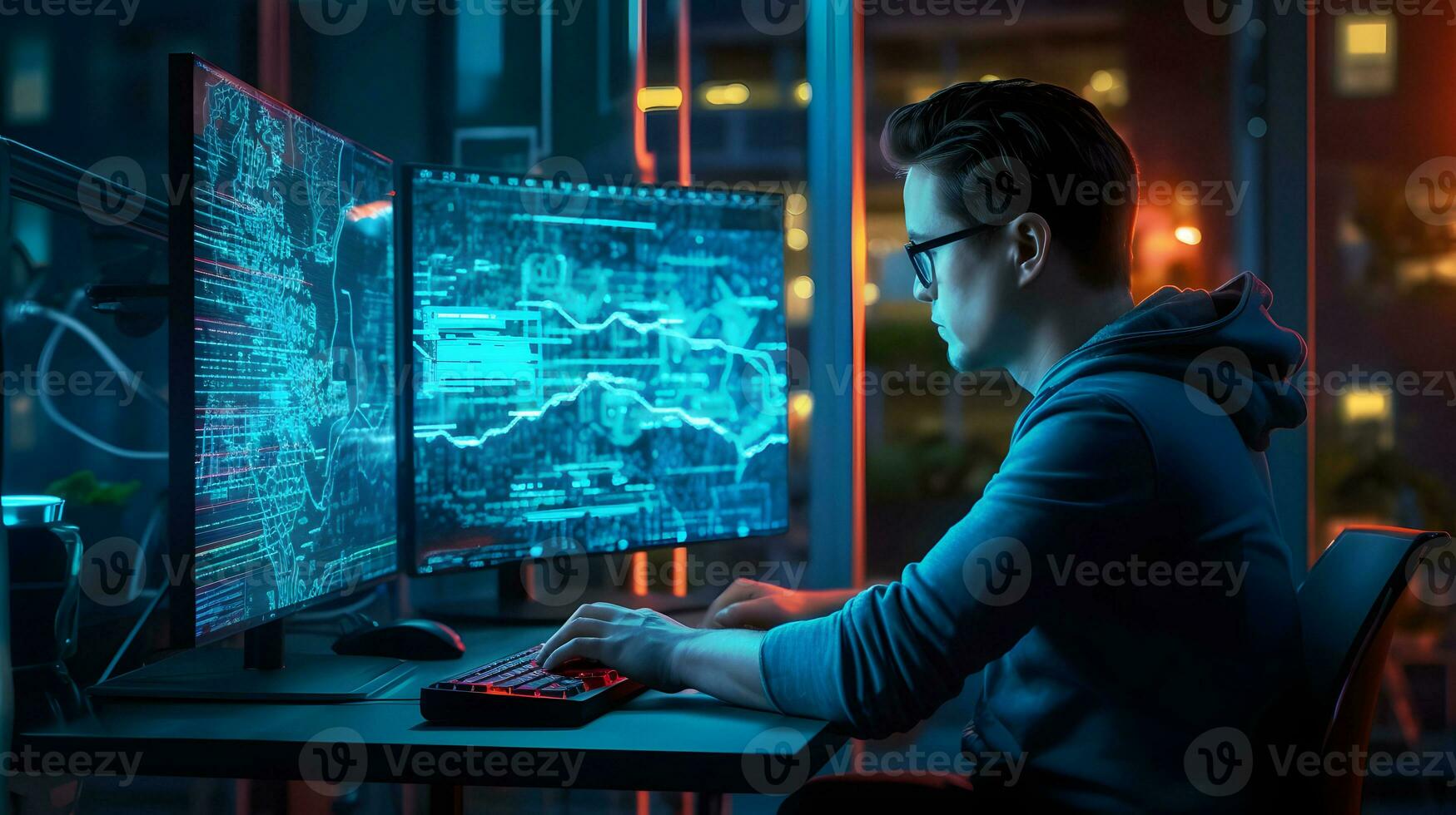 Digital technology, software development concept. Coding programmer, software engineer working ...