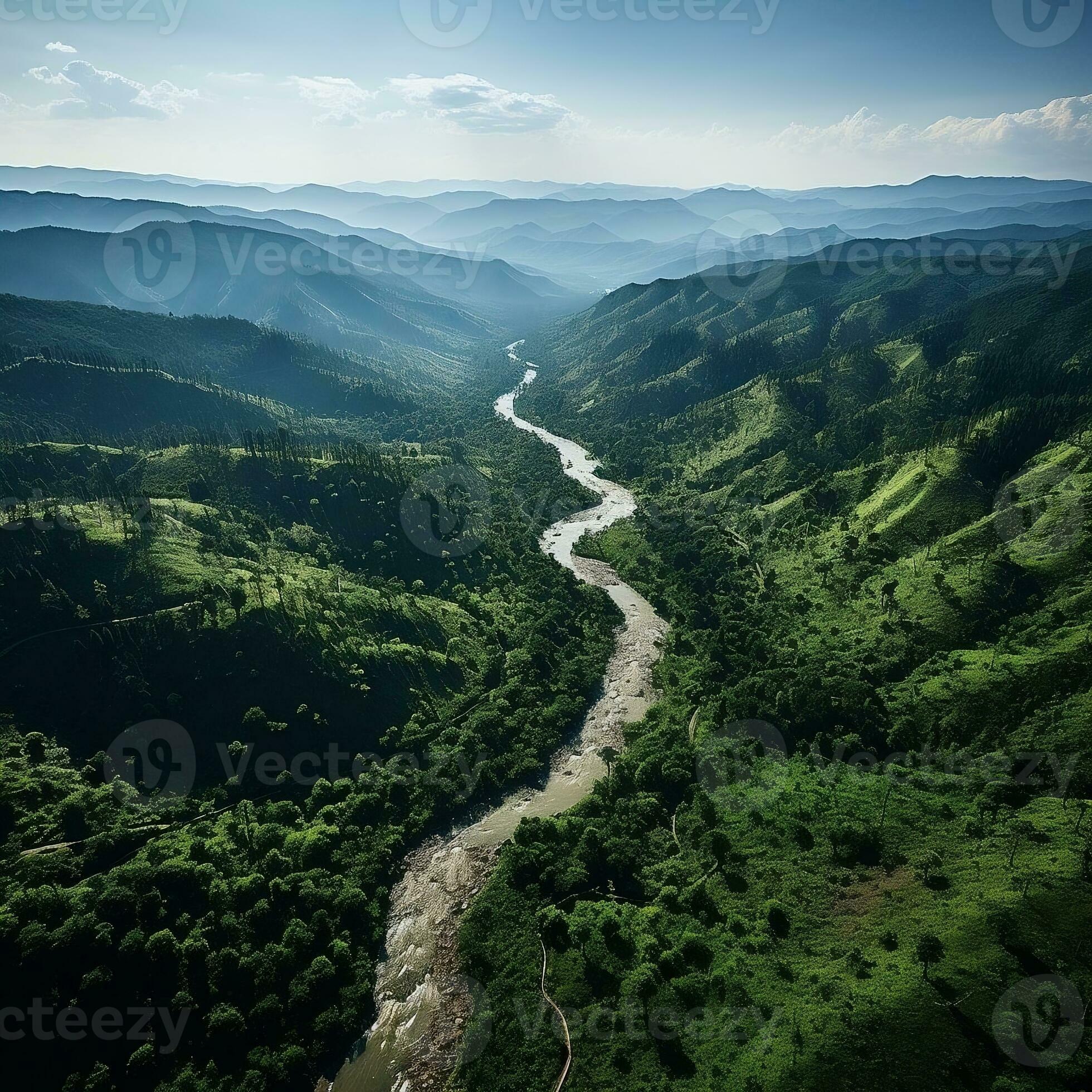 An aerial view of a winding river cutting through a dense forest generative ai 27230272 Stock ...