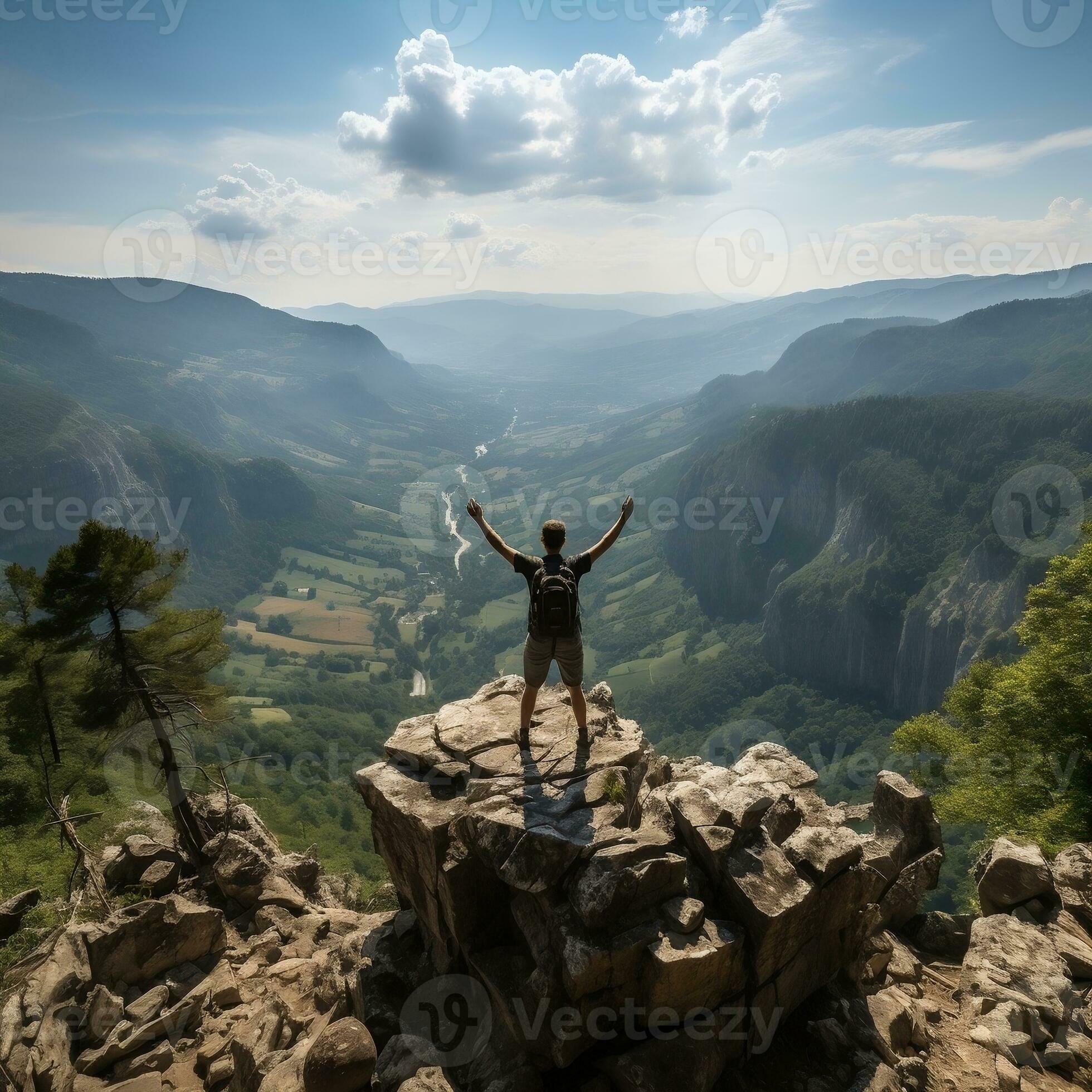 An adventurer standing on a cliff edge, looking out at a vast expanse of wilderness generative ...