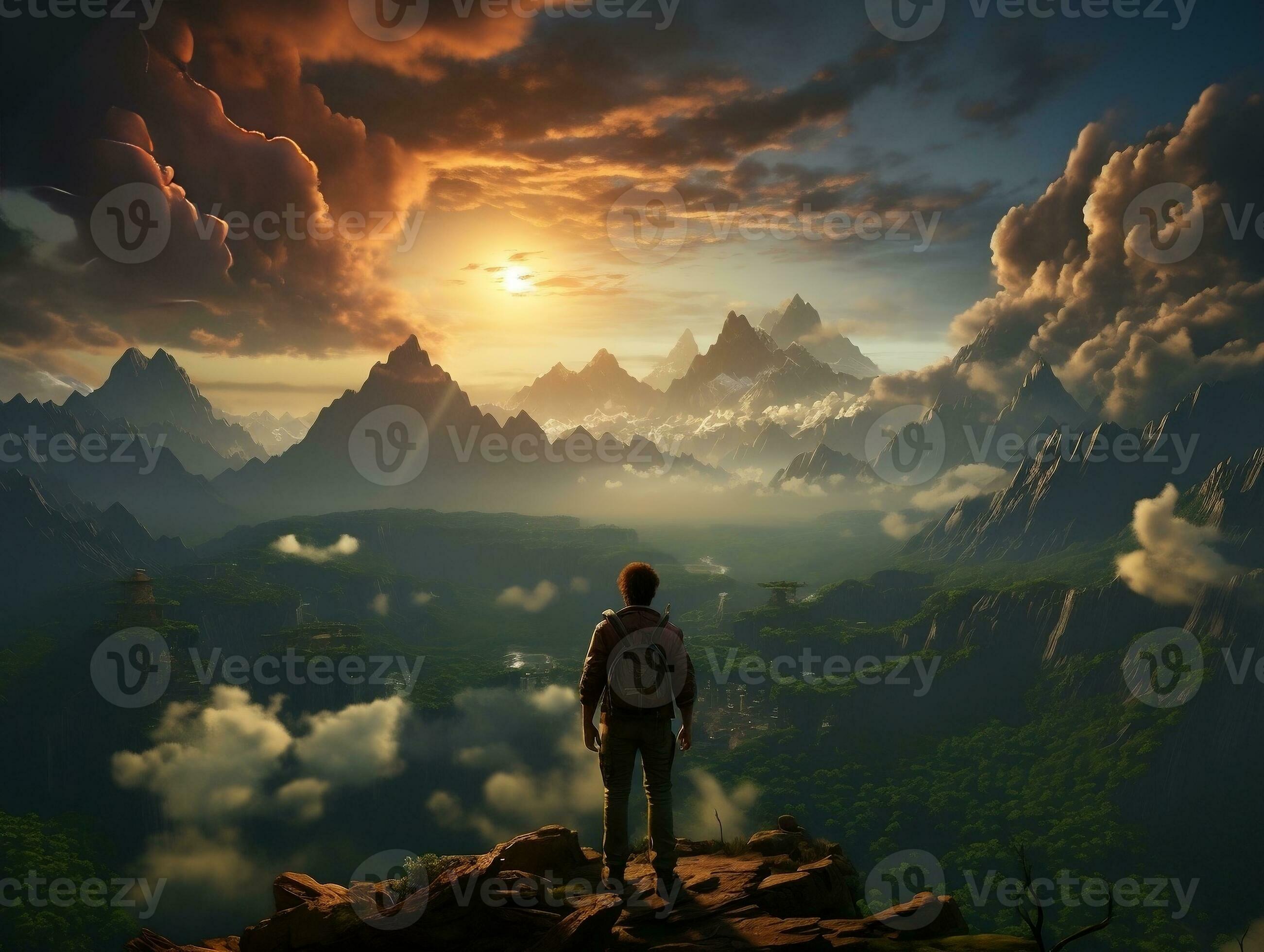 A traveler standing on a cliff edge, overlooking a vast, misty landscape generative ai 27230548 ...