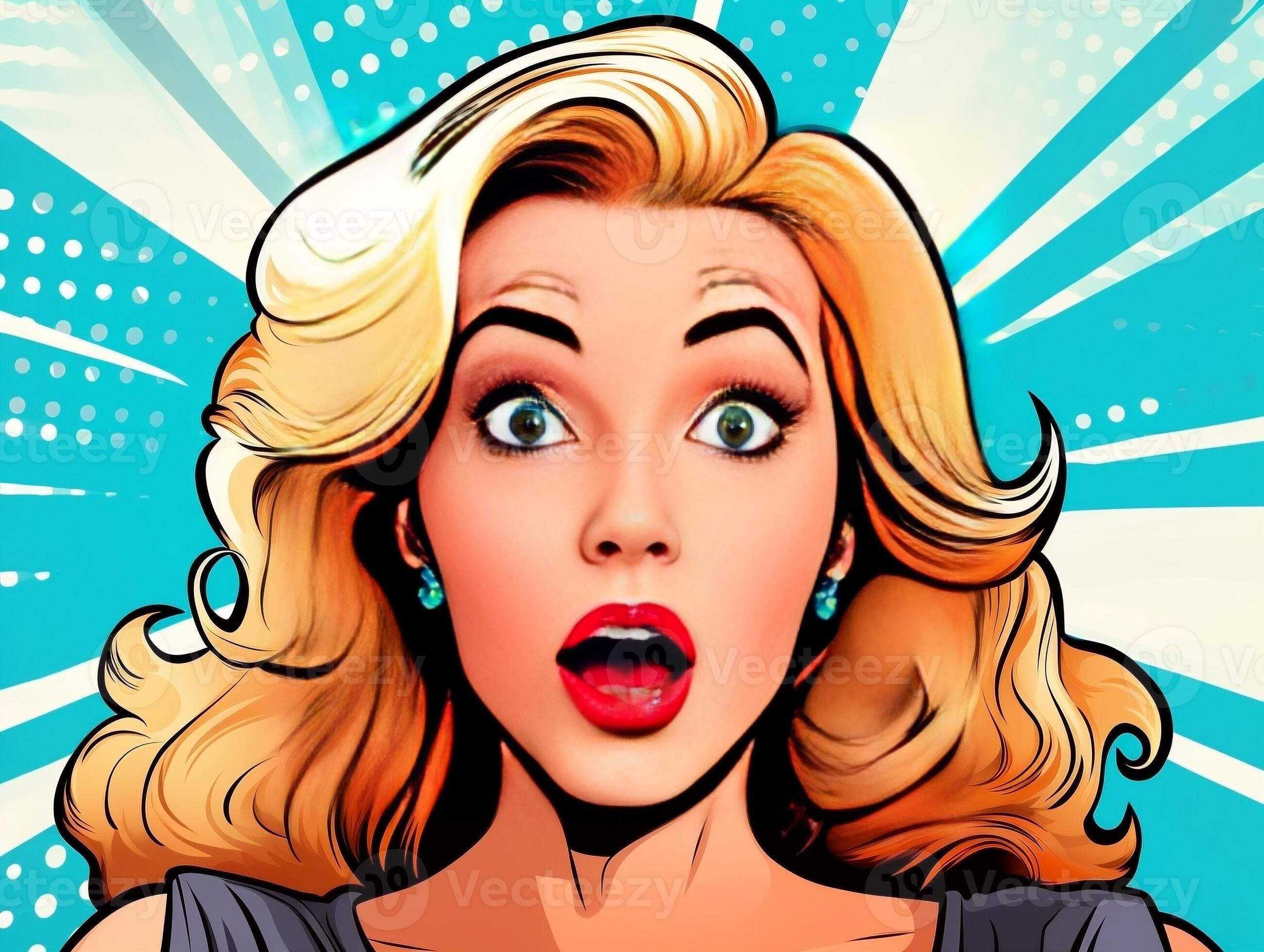 Colorful Pop Art Retro Comic Style Young Woman With Wow Reaction
