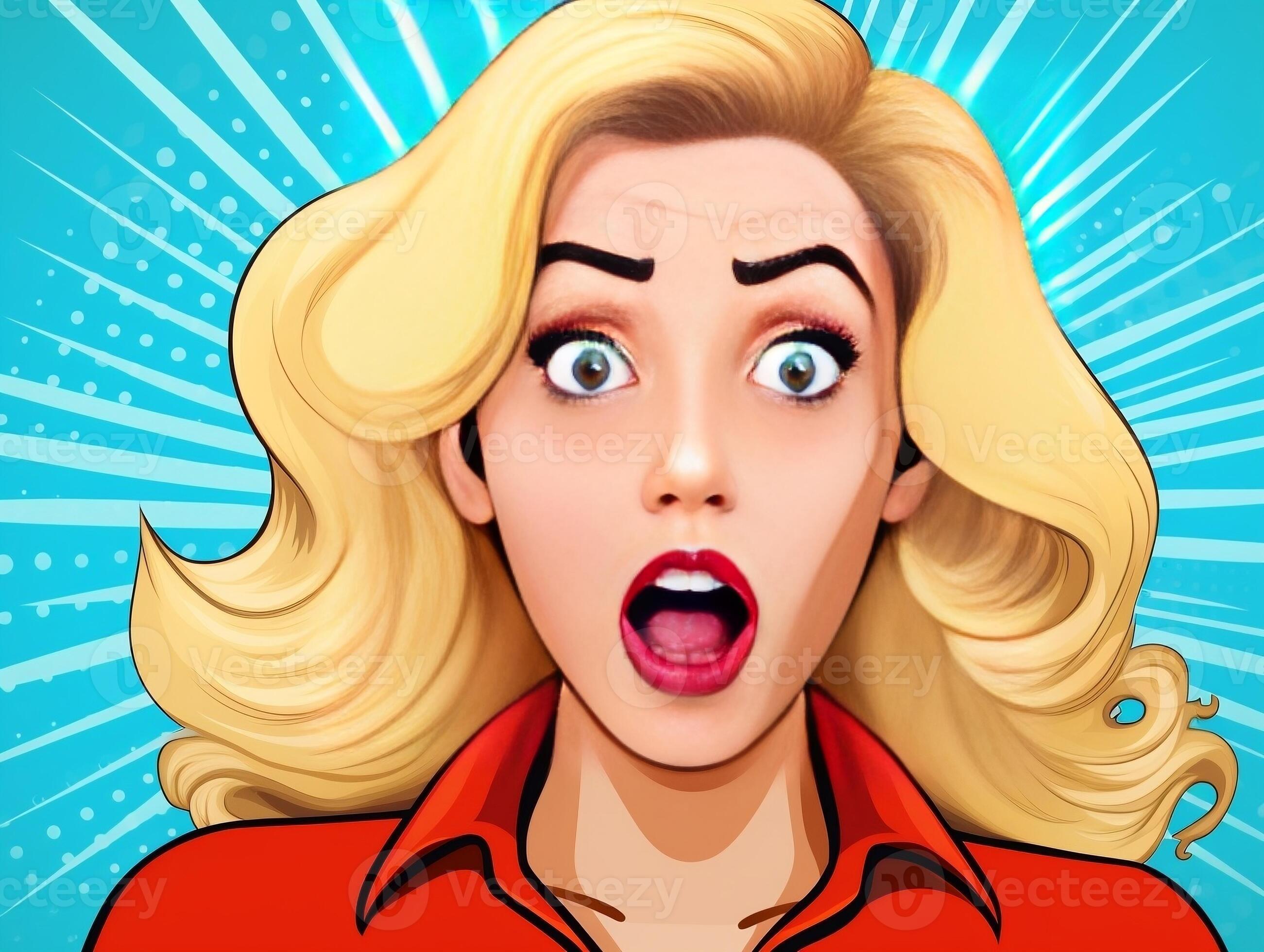 Colorful Pop Art Retro Comic Style Young Woman With Wow Reaction