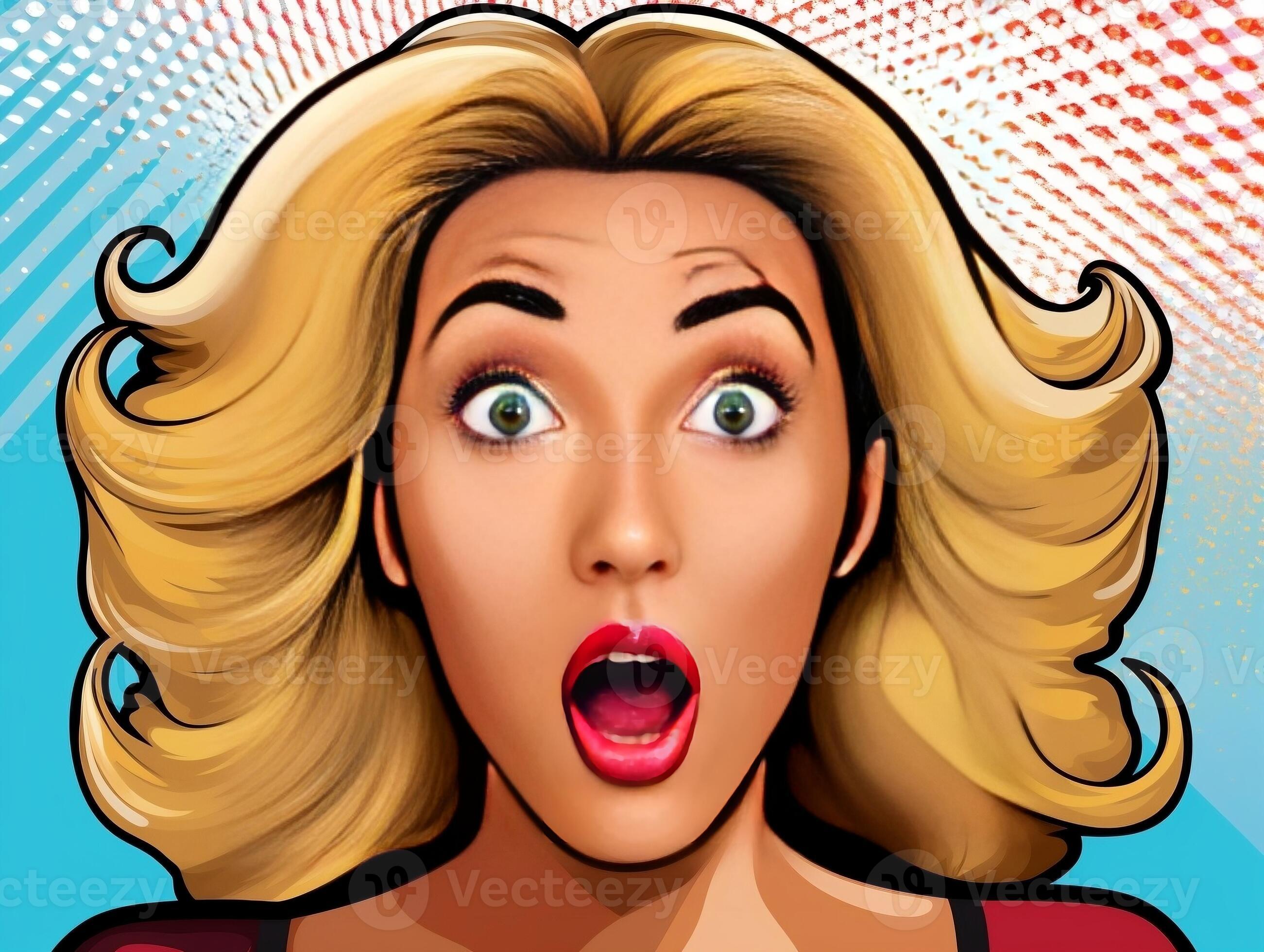 Colorful Pop Art Retro Comic Style Young Woman With Wow Reaction