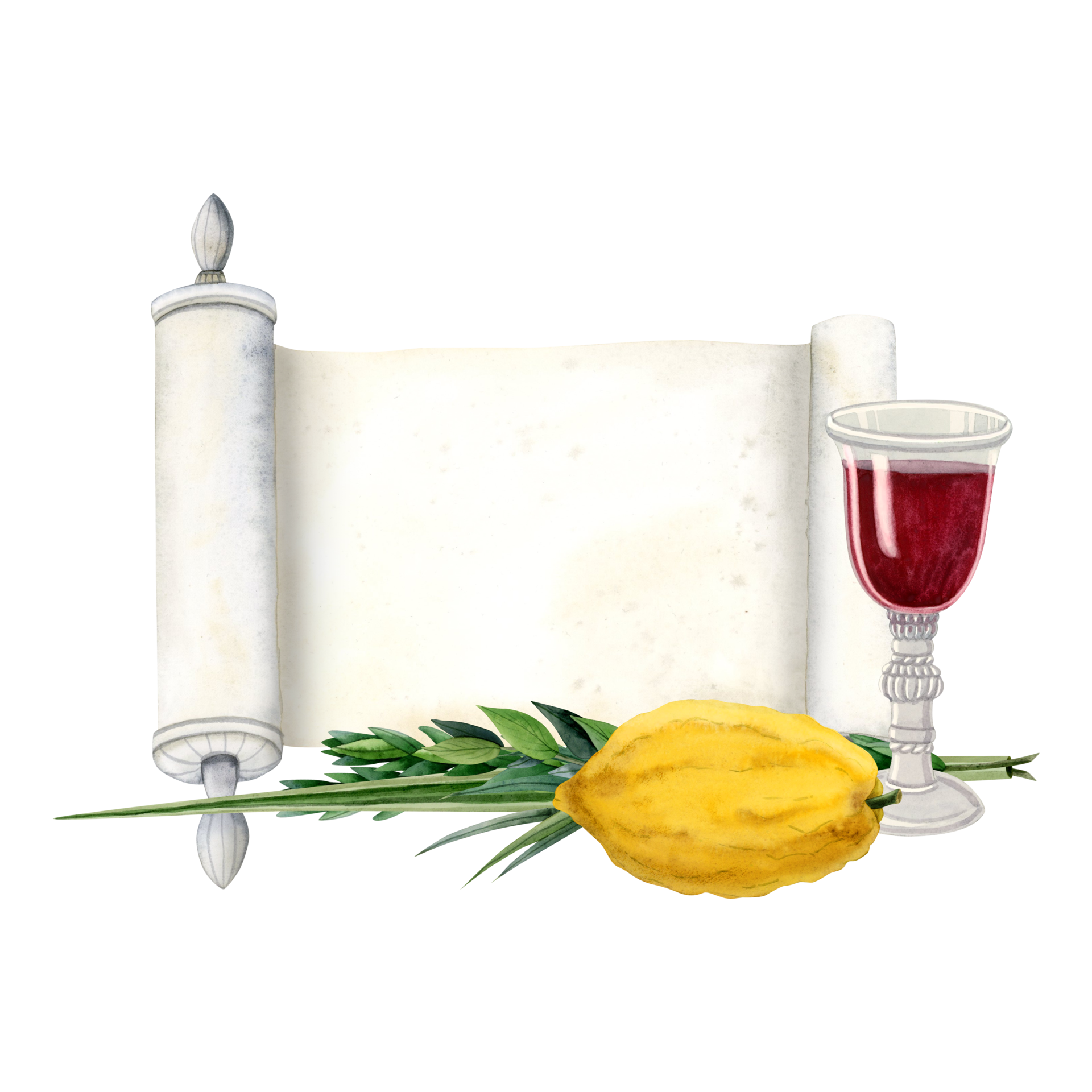Jewish Sukkot greeting banner template with symbols, Torah scroll and ...