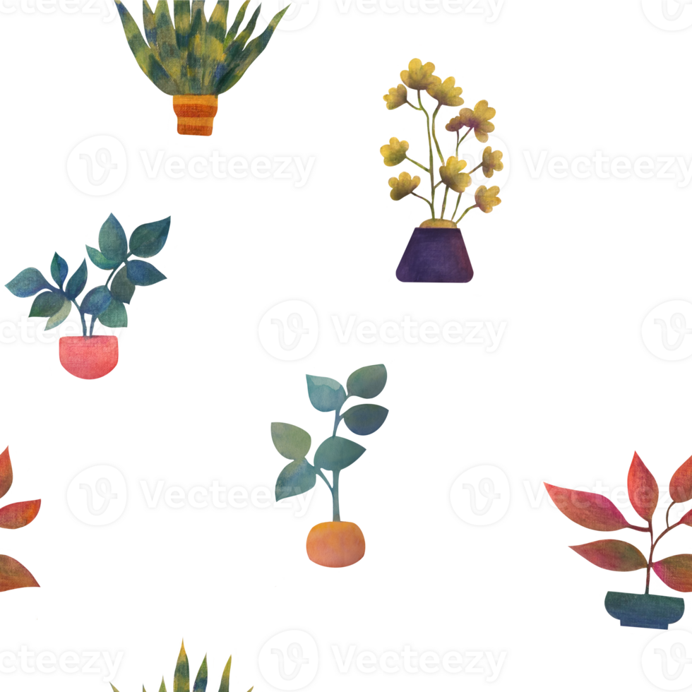 seamless pattern with watercolor house plants. clipart Flowers in a pot ...