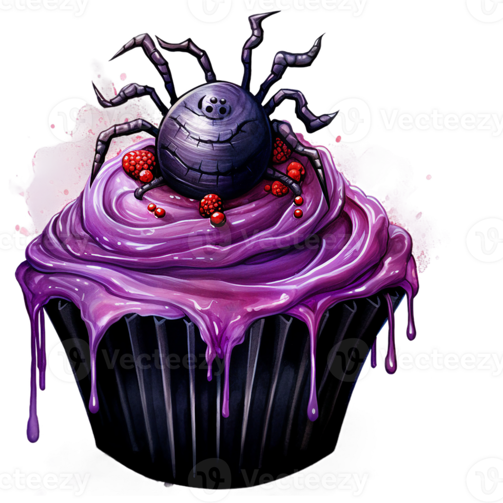 Halloween purple cup cake with spider on top watercolor digital clipart ...