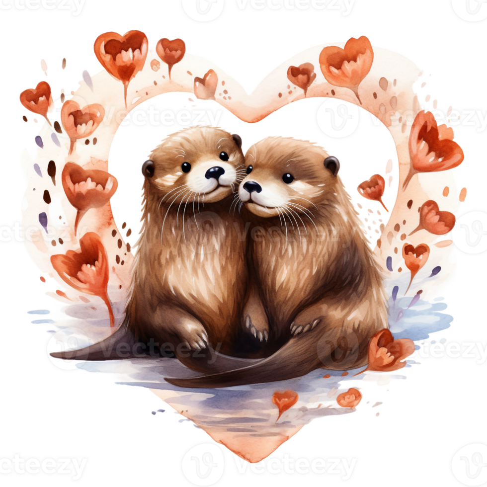 Two Cute Otter Couple Inside Heart Floral Shape Watercolor Clipart Ai