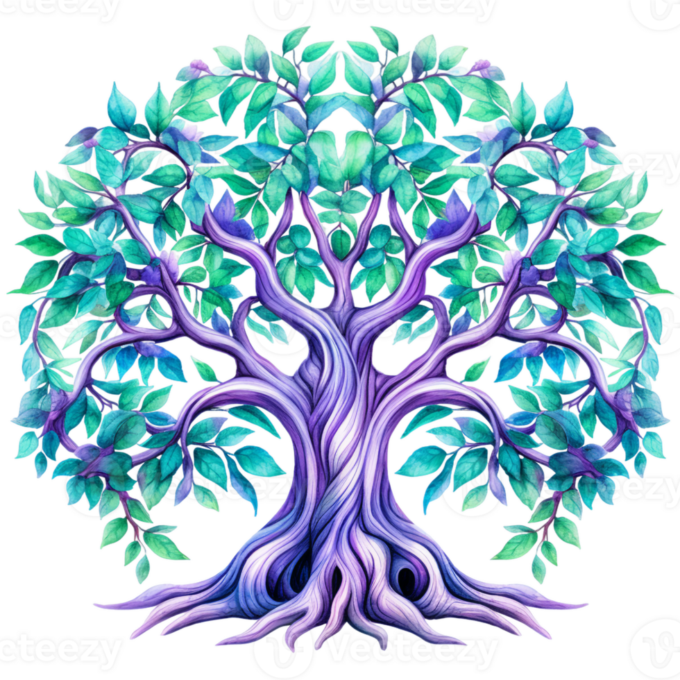 Bright tree of life isolated,bright turquoise, purple and teal blue ...