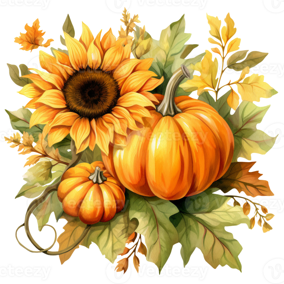 Autumn Leaves And Pumpkins With Sunflower Watercolor Illustration