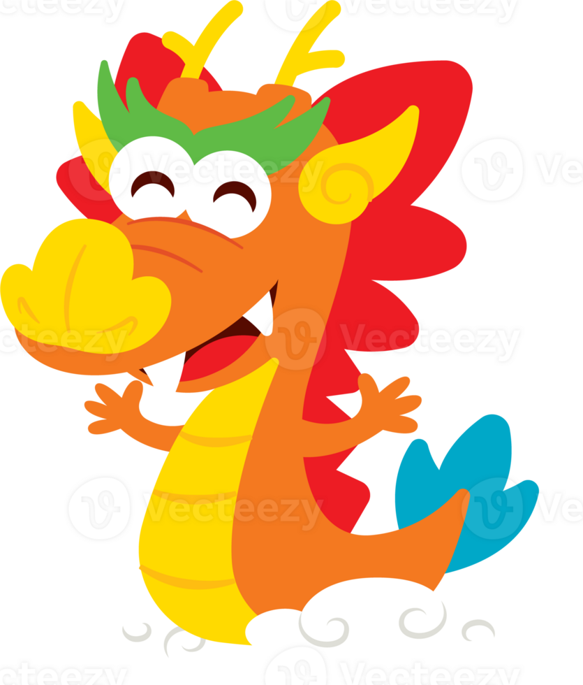 Flat Design Cartoon Cute Chinese Dragon Riding On Oriental Clouds Year