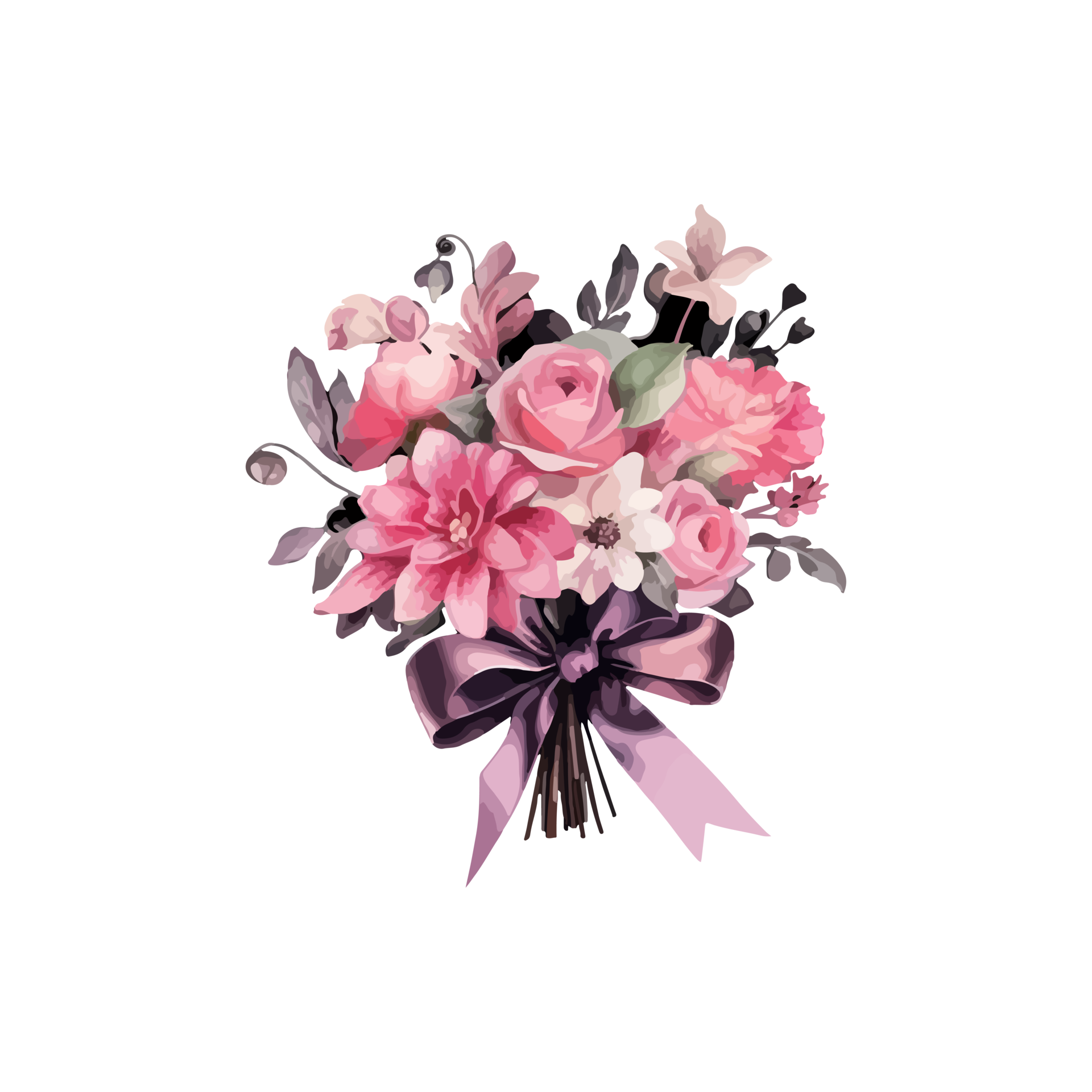 Illustration Watercolor Pink Rose Bouquet With Black And Pink Ribbon Romantic 27242683 Png