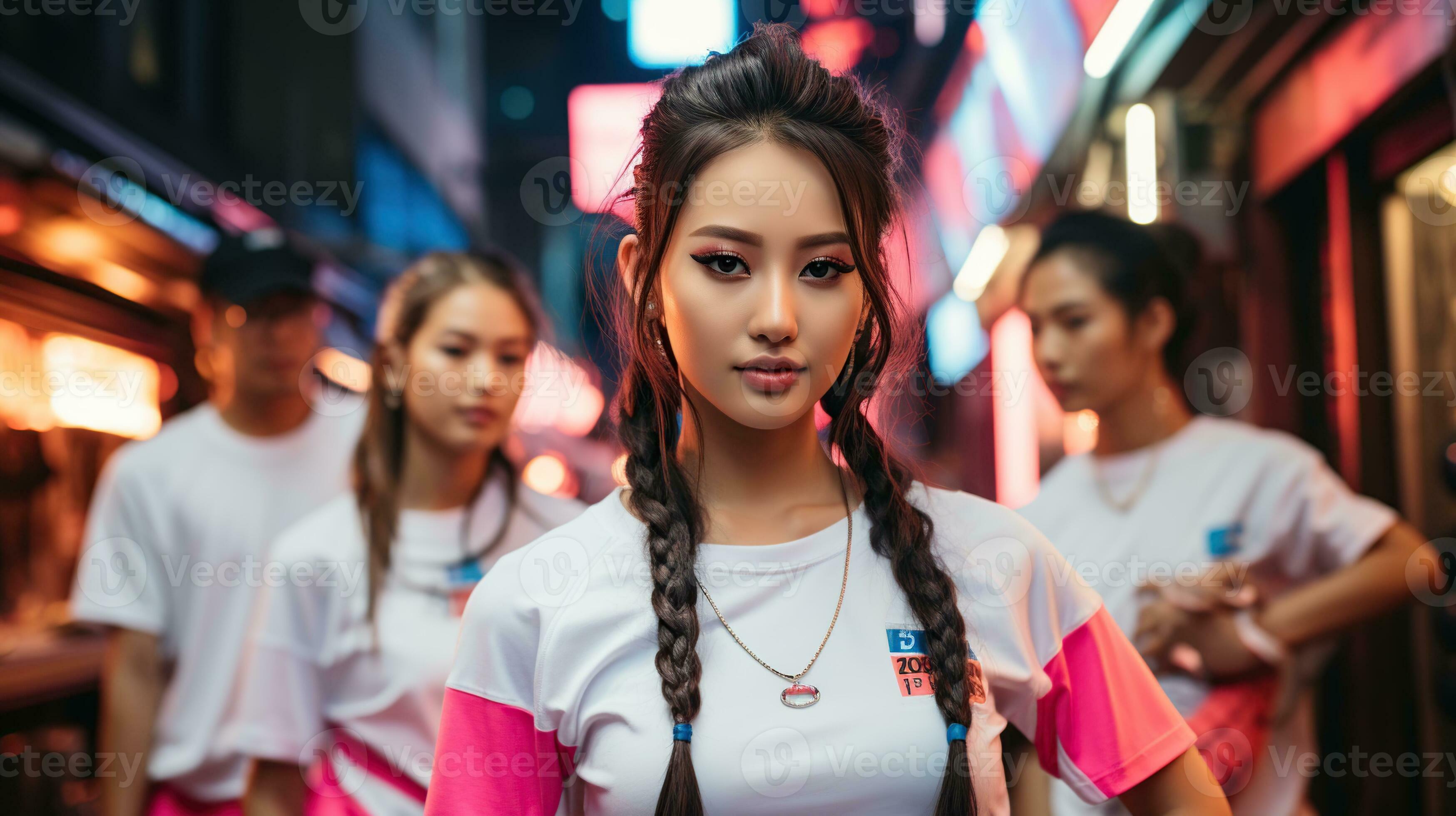 Young Female K Pop Dancer With Neon Light At The Street Generative Ai