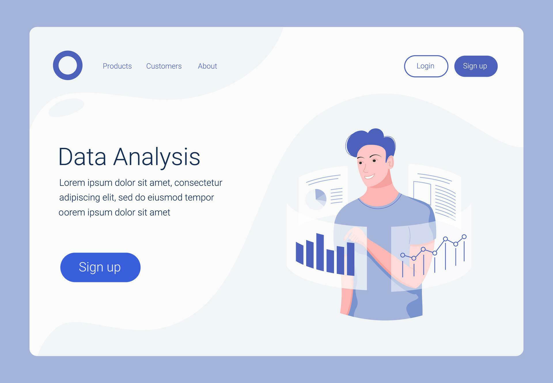Data analysis landing page template. Young man analyzing statistics ...