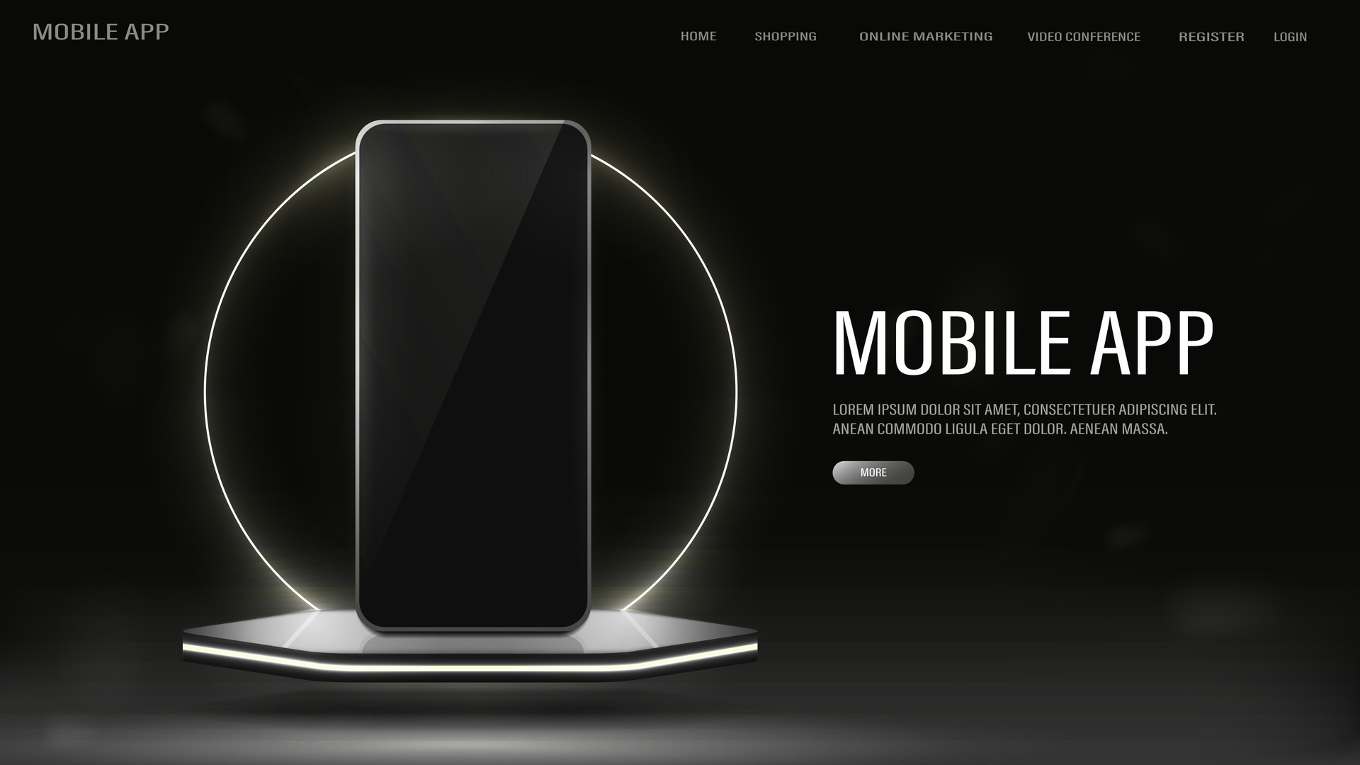 A web banner with a smartphone on a glossy podium with a neon round ...