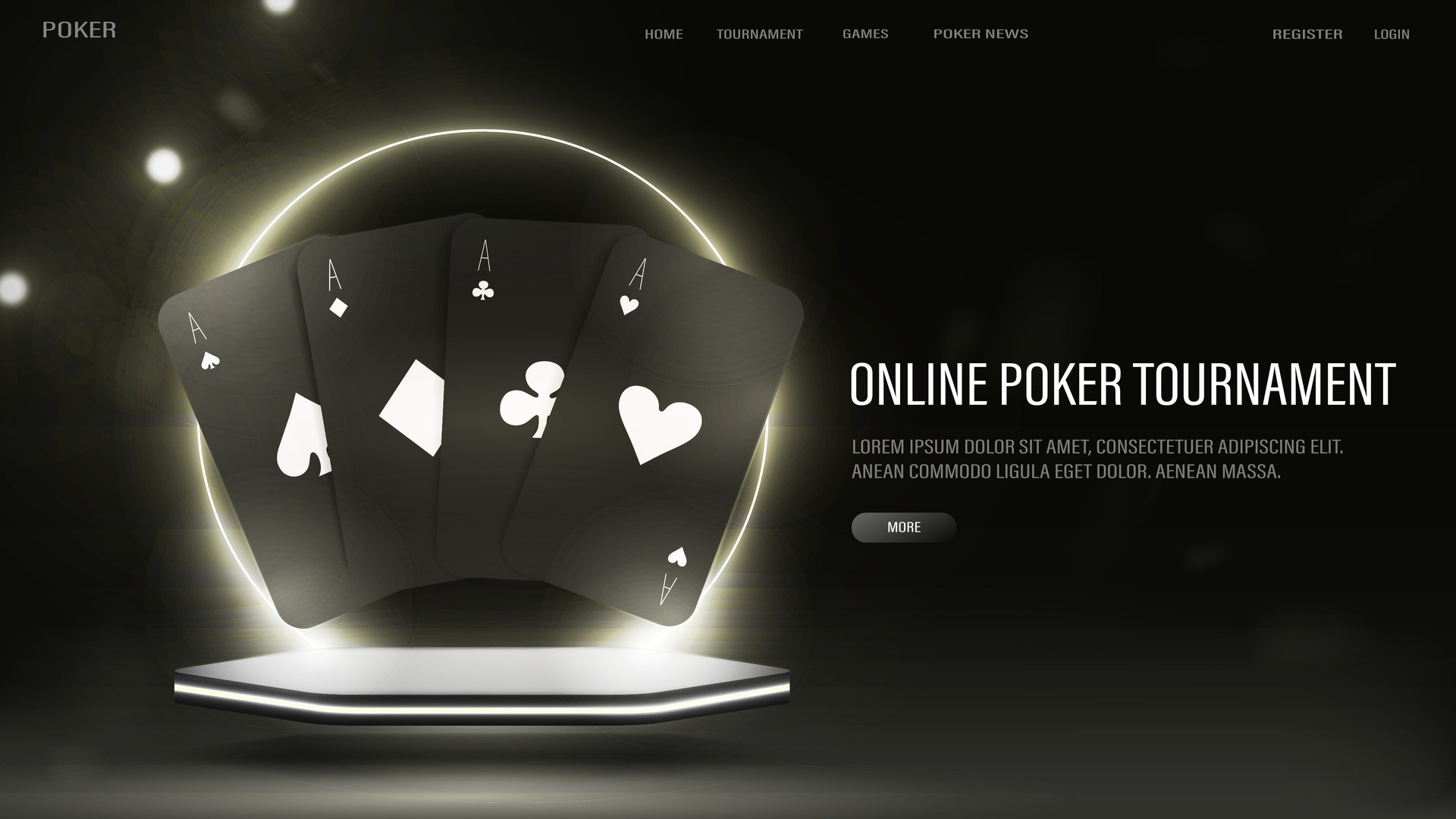 A web banner with poker cards in black and white style on a podium with a bright neon arch. The ...