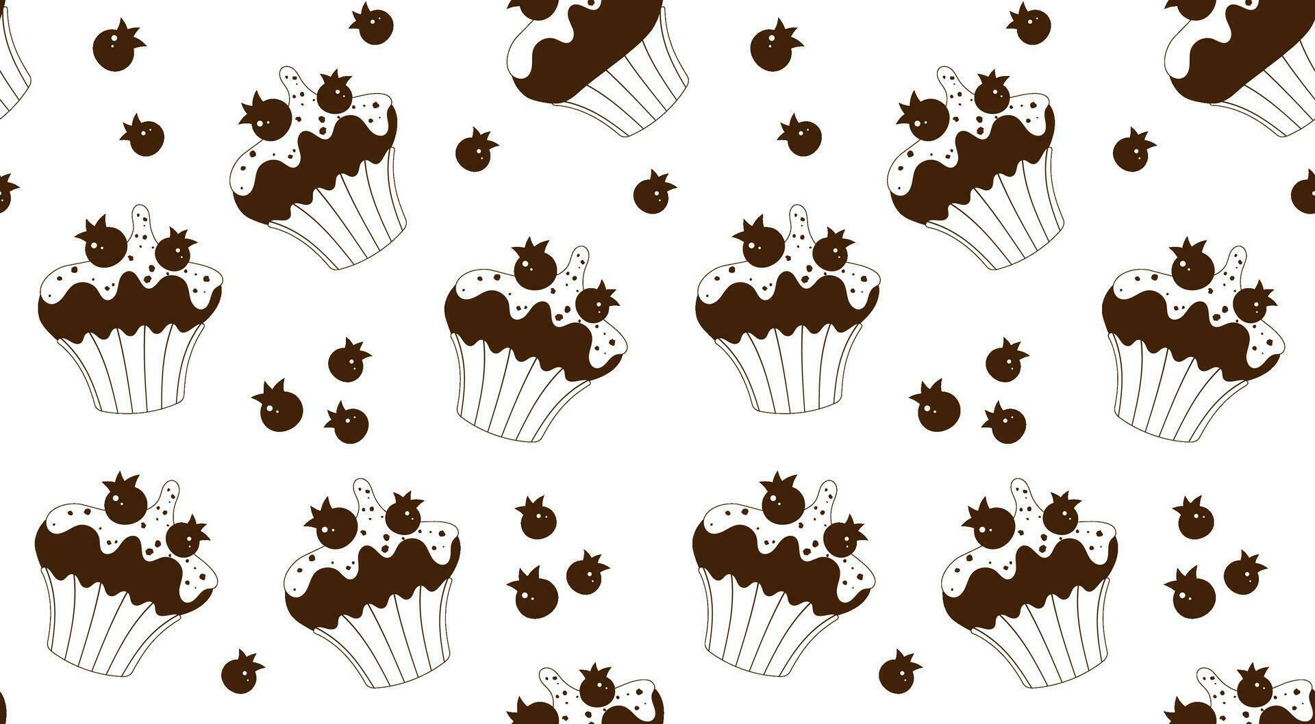 Seamless Pattern Of Cupcakes Vector Illustration In Line Art Style