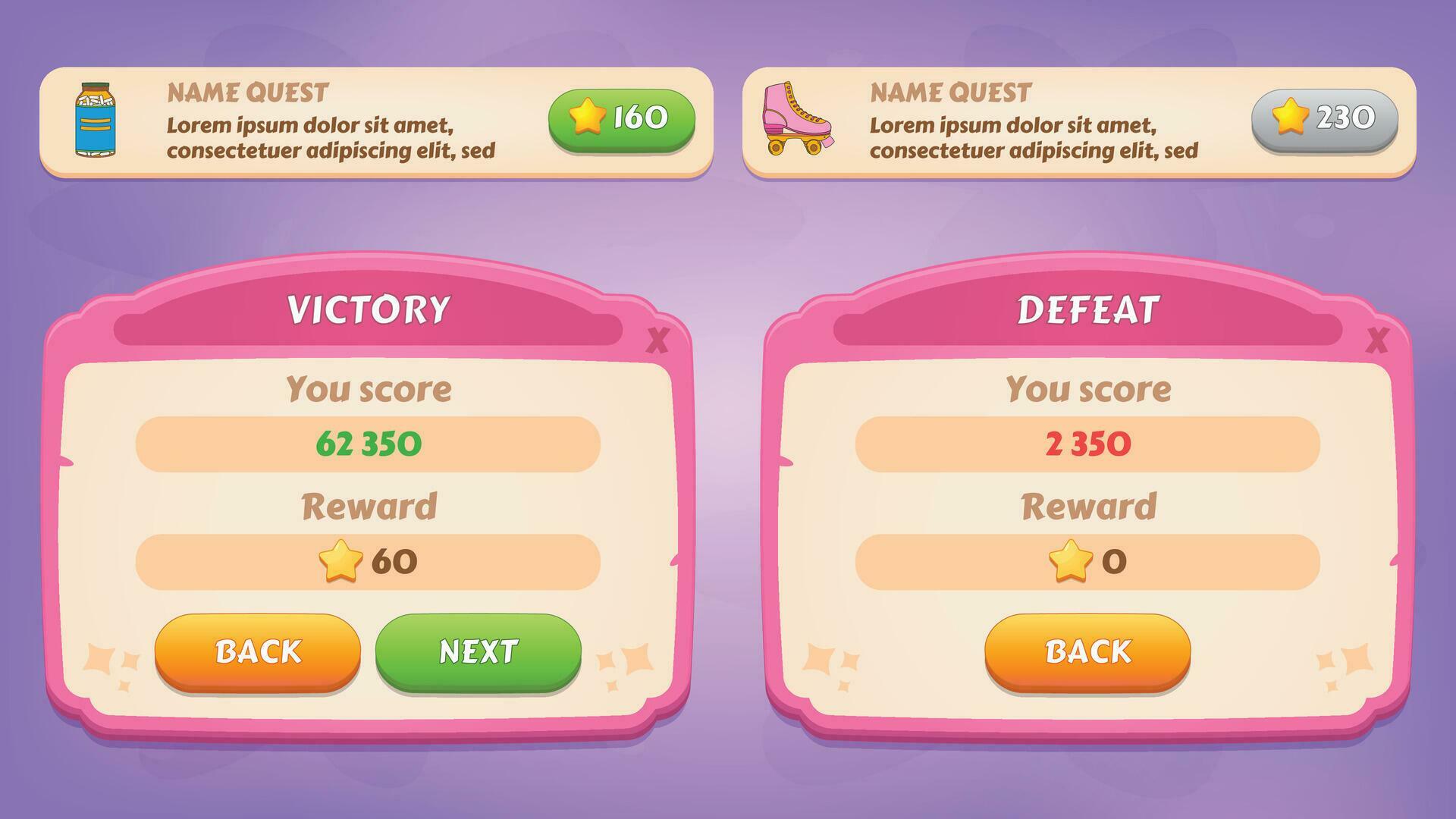 Victory and defeat. GUI Kit casual assets for a game mobile, a set of user interface elements ...