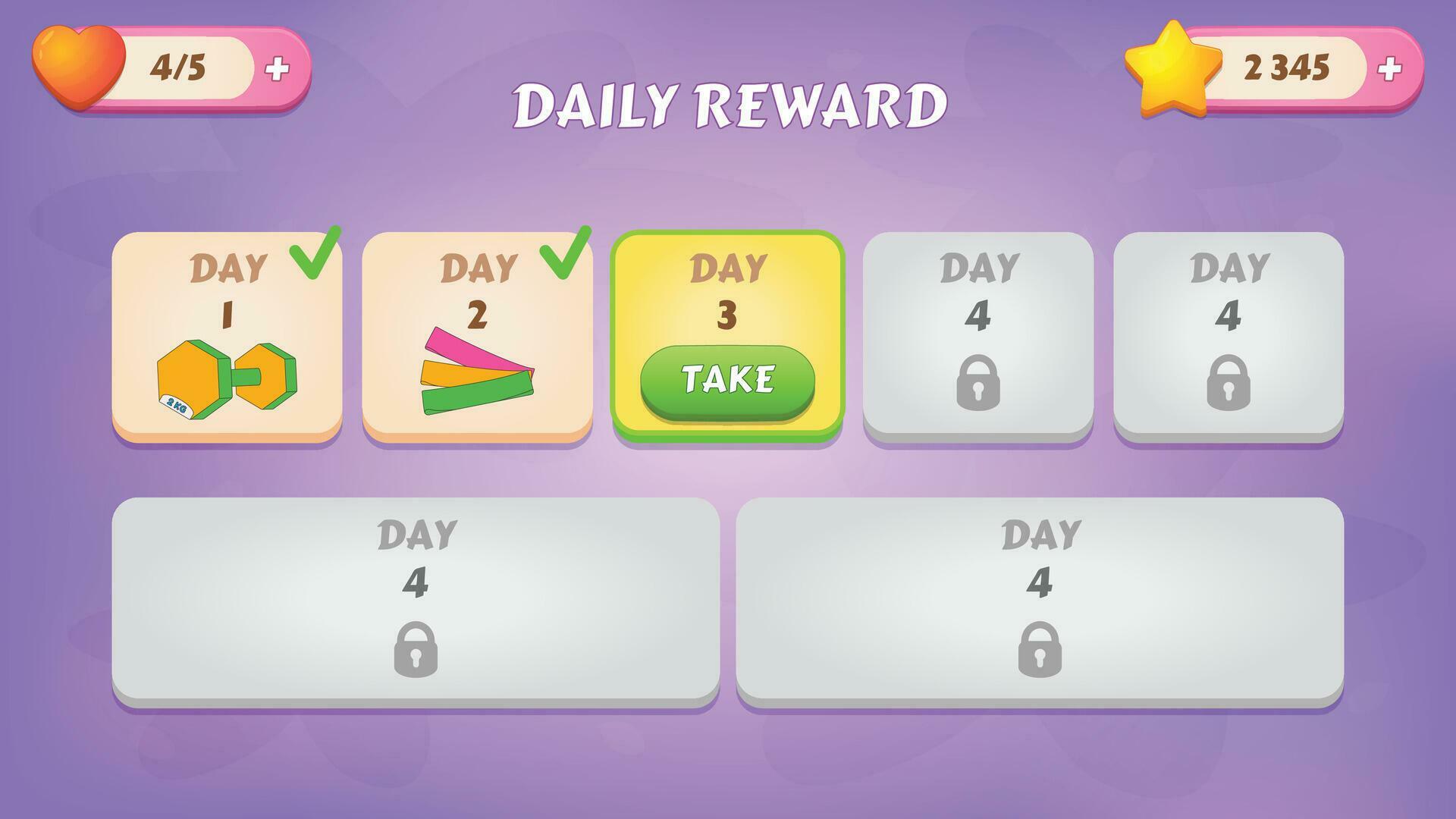 Daily rewards. GUI Kit casual assets for a game mobile, a set of user ...