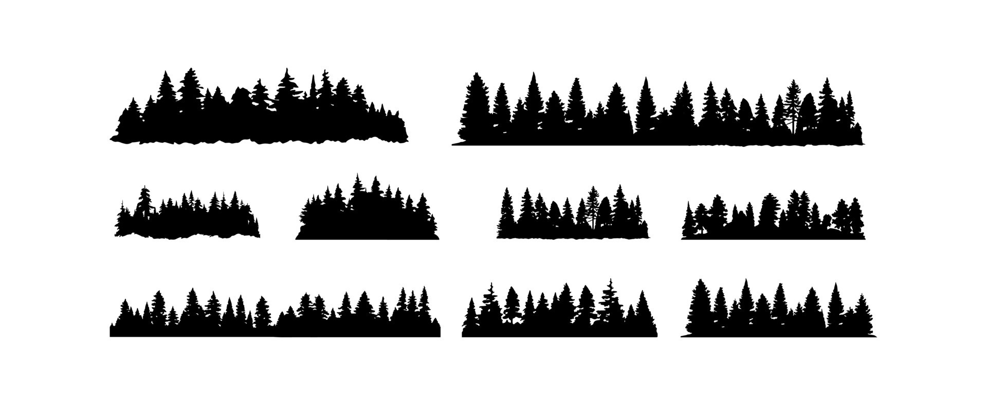 Set of treeline forest trees silhouette isolated on white background ...