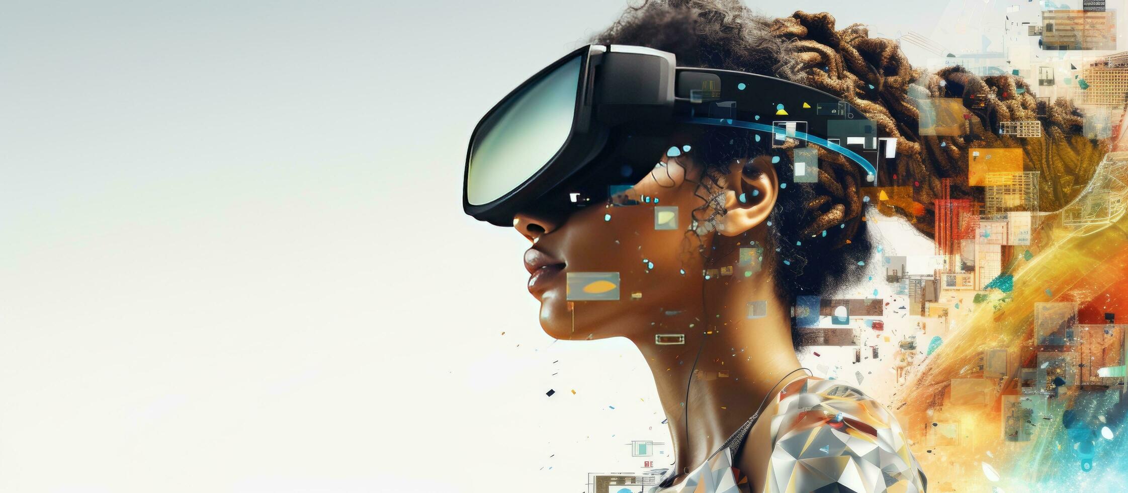 Metaverse concept depicted with black woman wearing VR glasses data blocks and empty white ...