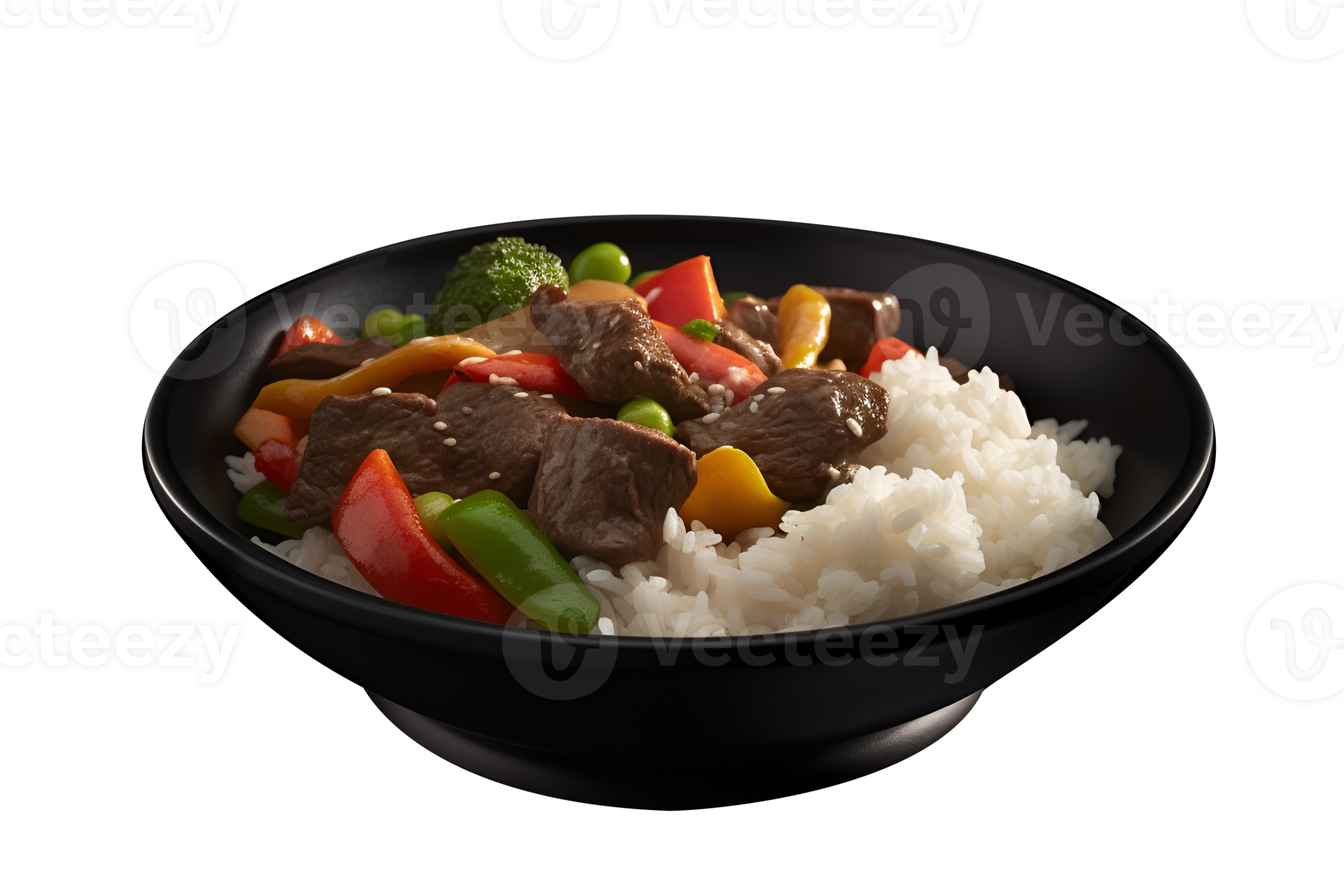 Beef And Vegetables Stir Fry With Jasmine Rice In Black Bowl Isolated On White Background Ai