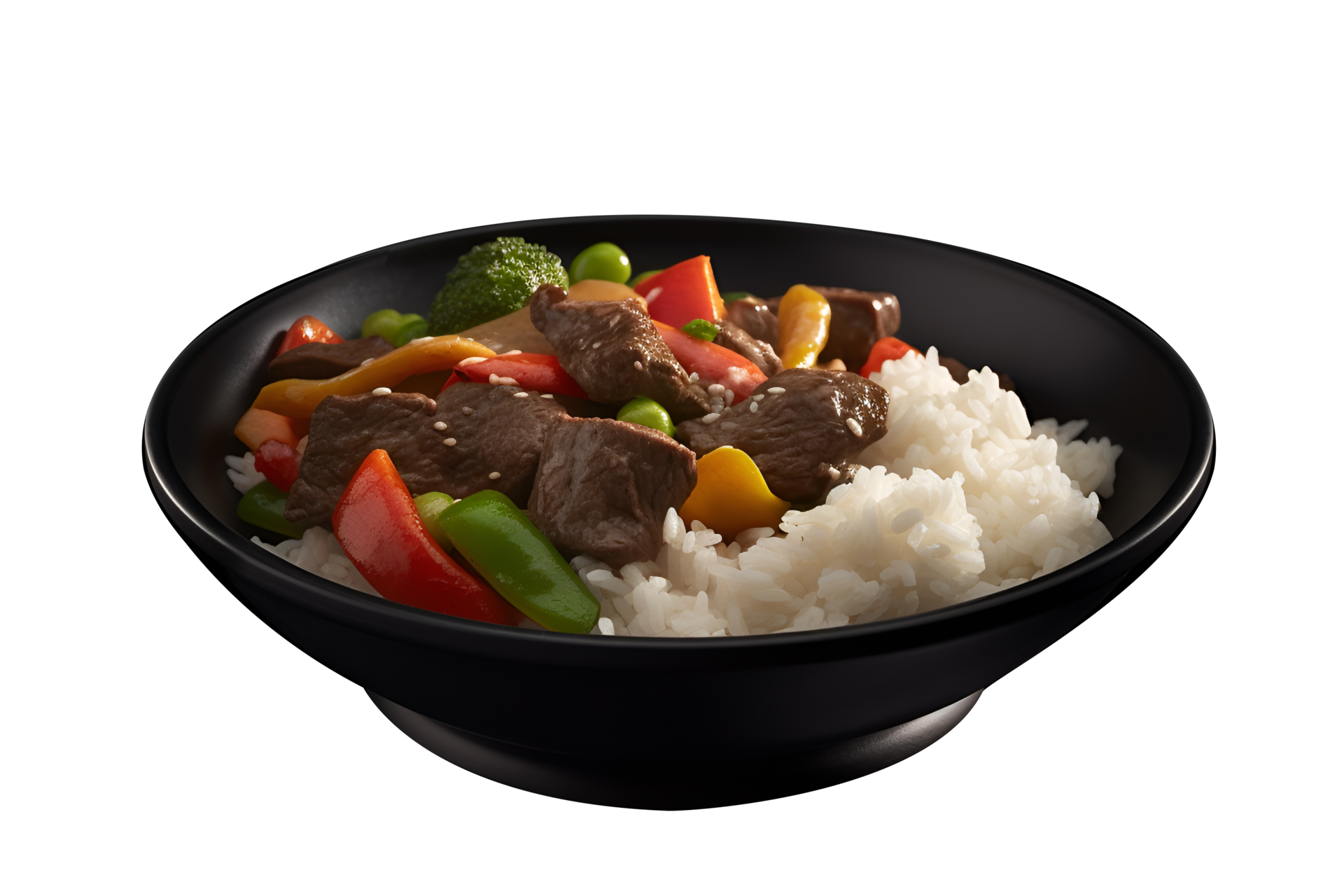 Beef And Vegetables Stir Fry With Jasmine Rice In Black Bowl Isolated On White Background Ai