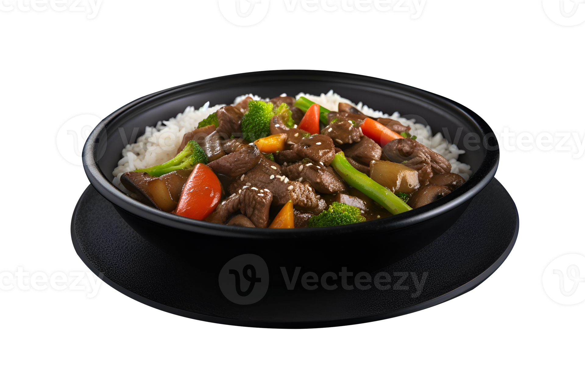 Beef And Vegetables Stir Fry With Jasmine Rice In Black Bowl Isolated On White Background Ai