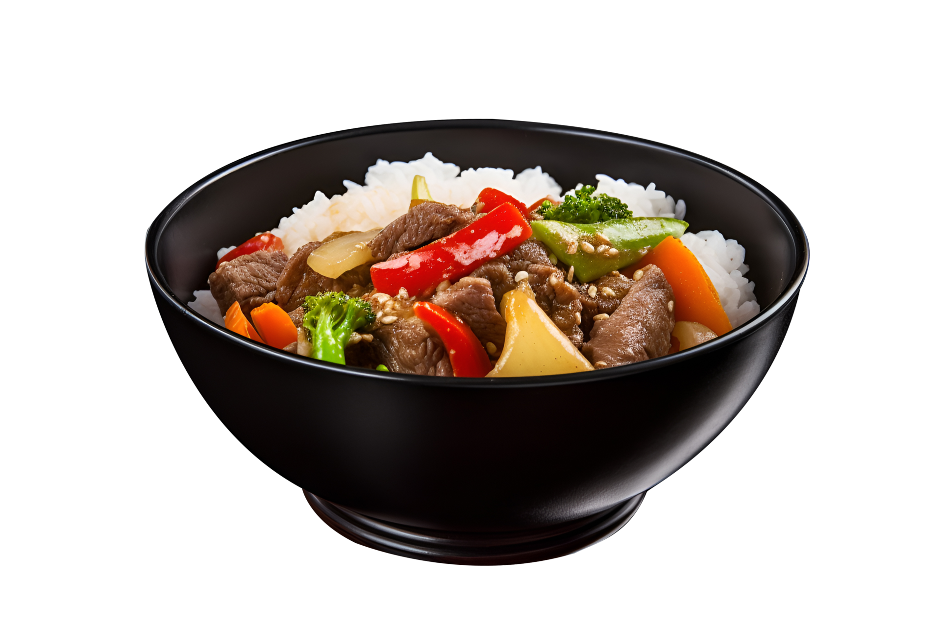 Beef And Vegetables Stir Fry With Jasmine Rice In Black Bowl Isolated On White Background Ai