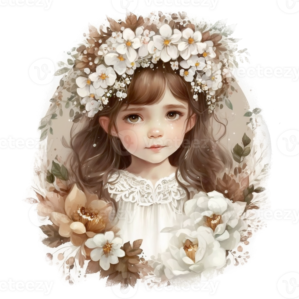 Cute White Flowers Girl Watercolor Illustration Ai Generated 27298299 Png