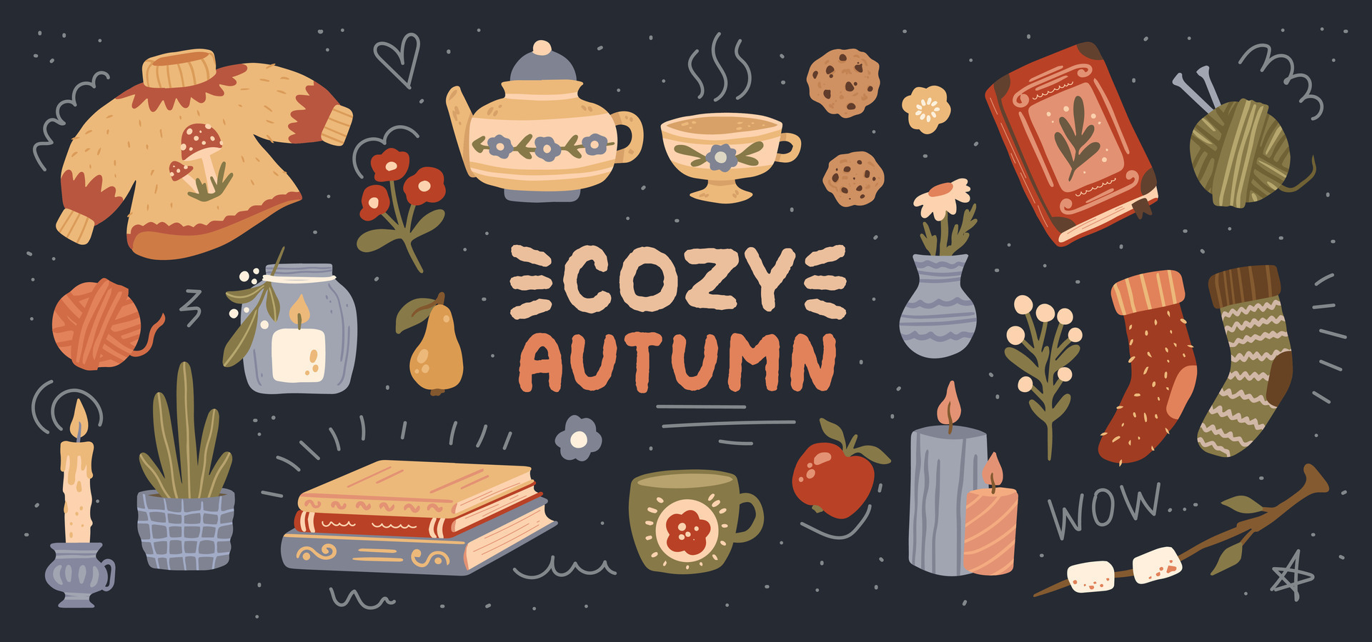 Warmth of Autumn - Complete Vector Set of Cozy Design Elements. Home ...
