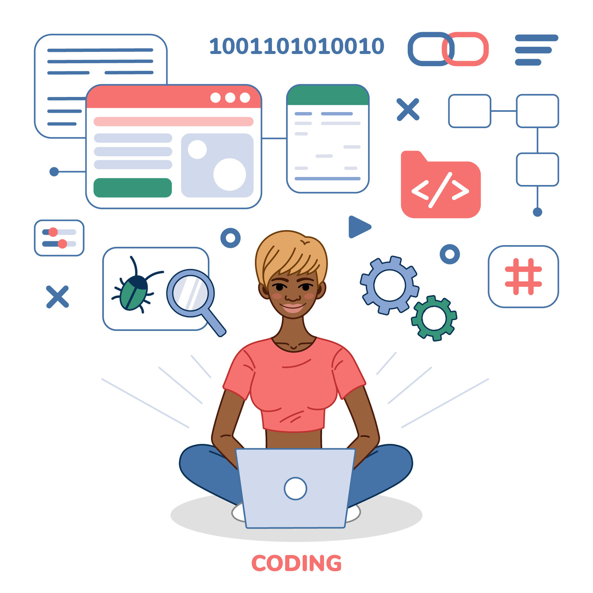 Programmer Tester Female Character Cartoon Illustration African American Woman Software
